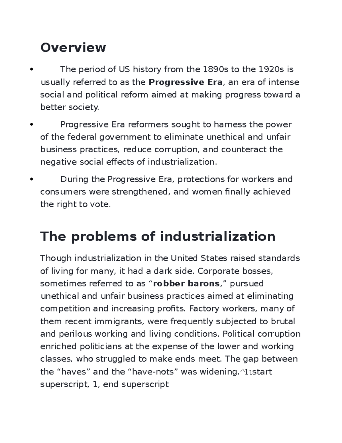 History progressive support discussion - Overview The period of US ...