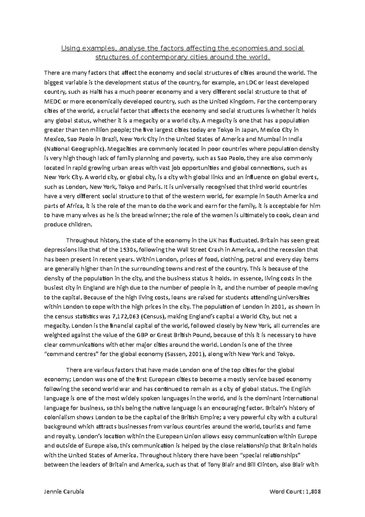 Contemporary Cities essay - Using examples, analyse the factors ...