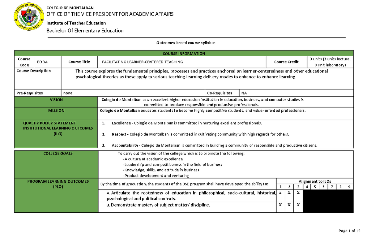 ED3A - Facilitating Learner Centered Teaching Syllabus - OFFICE OF THE ...