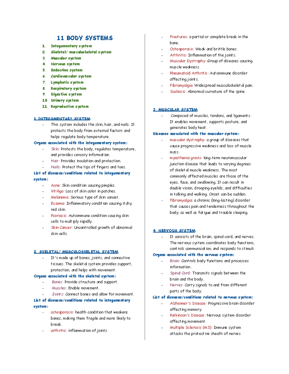11 BODY Systems - 11 BODY SYSTEMS Integumentary system Skeletal ...
