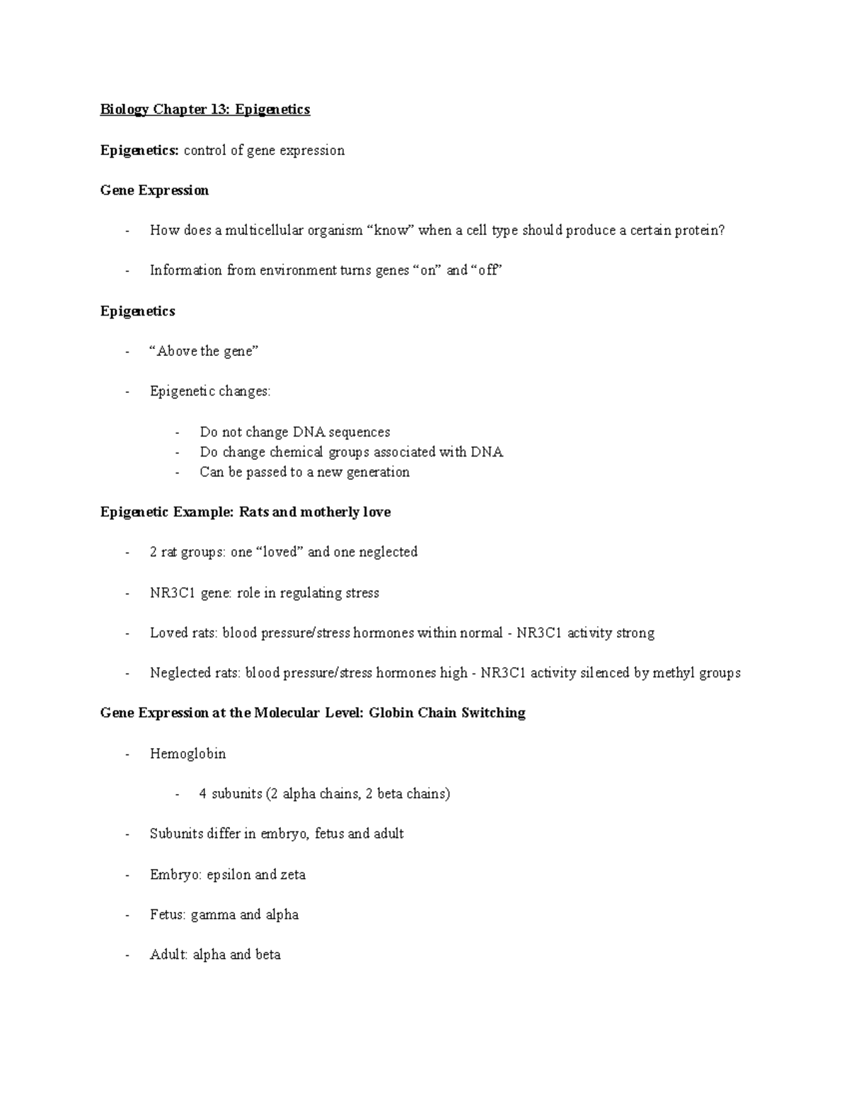 Biology Chapter 13 Epigenetics - Biology Chapter 13: Epigenetics ...