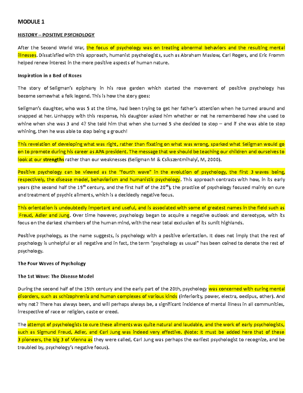 History OF PP - notes - MODULE 1 HISTORY – POSITIVE PSYCHOLOGY After ...