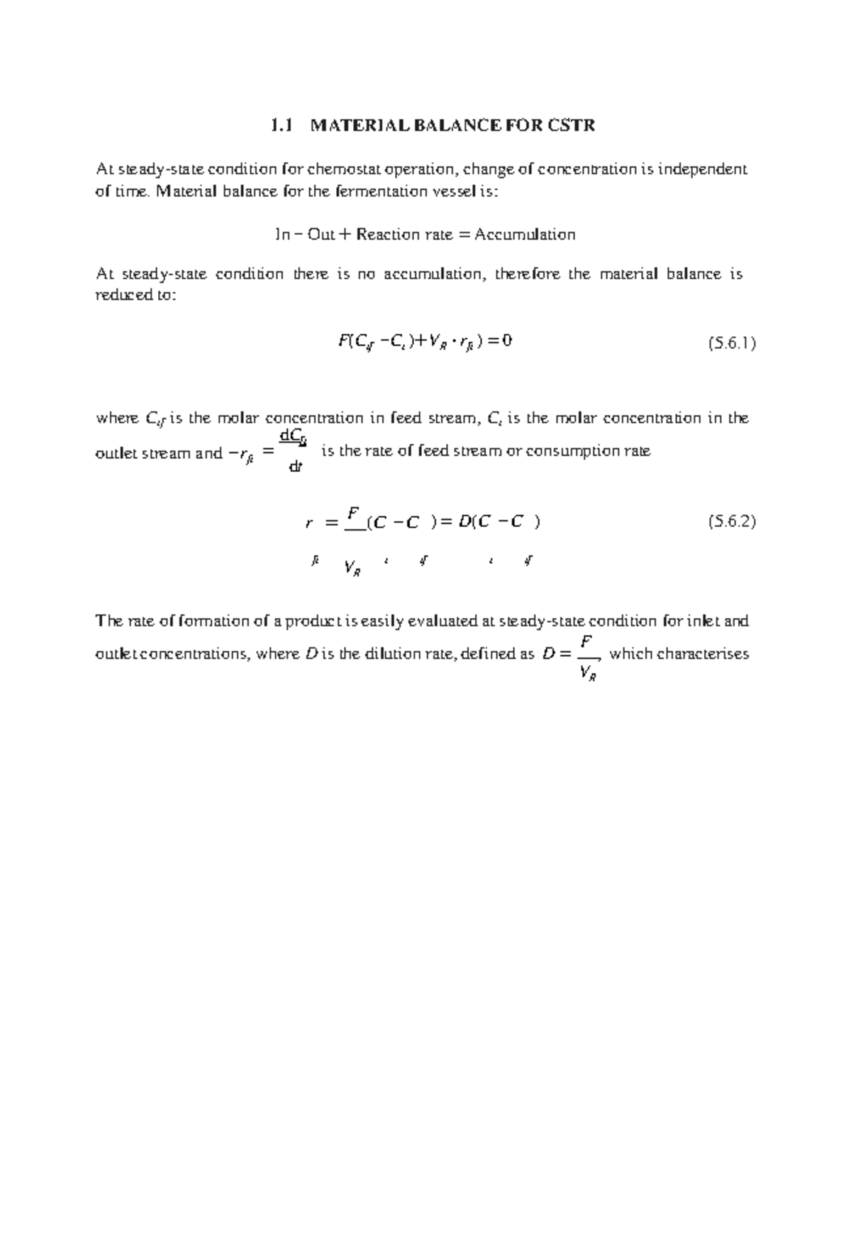 Material Balance For Cstr V 1 Material Balance For Cstr At Steady