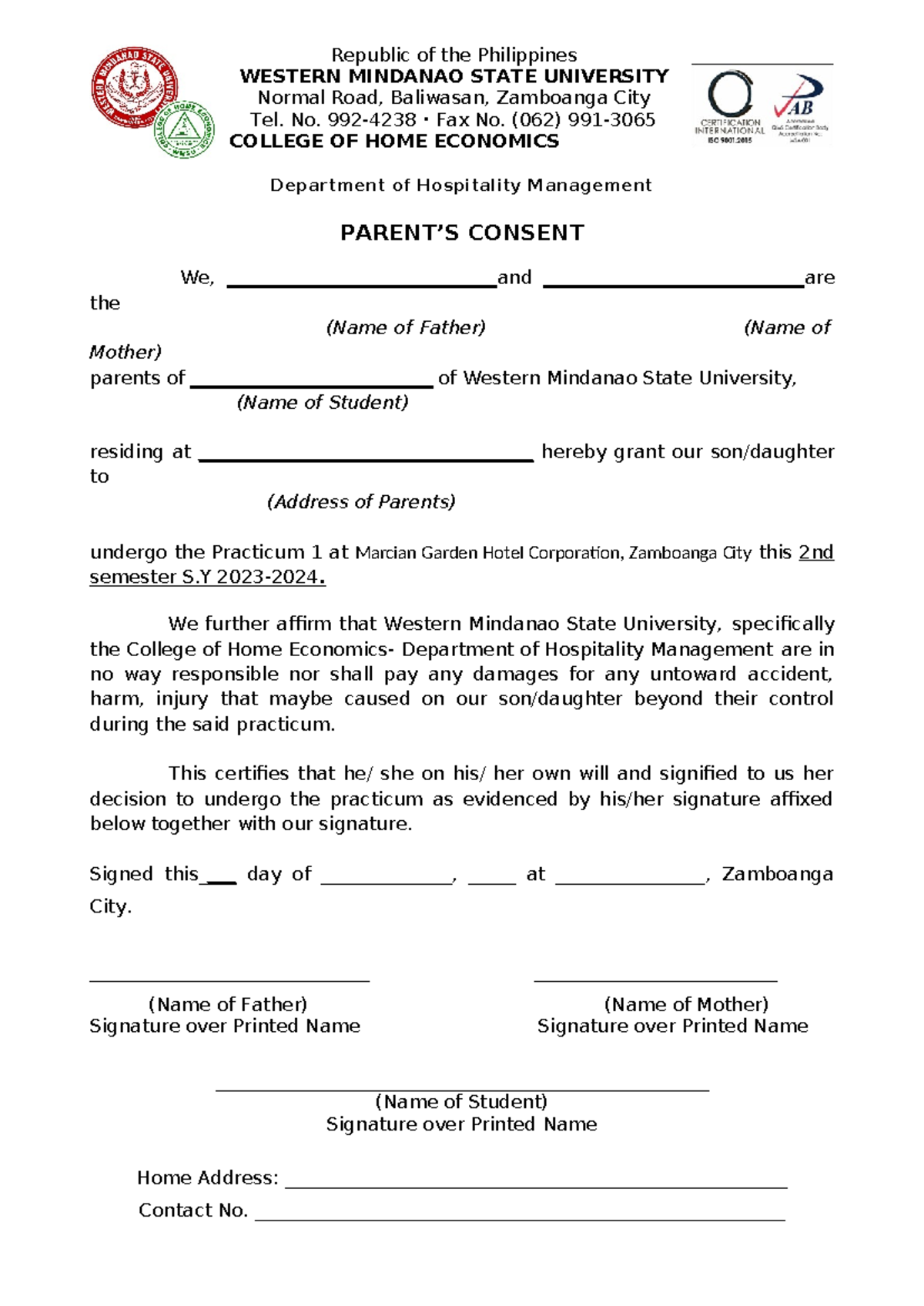 Practicum 1 Parents Consent - Republic of the Philippines WESTERN ...