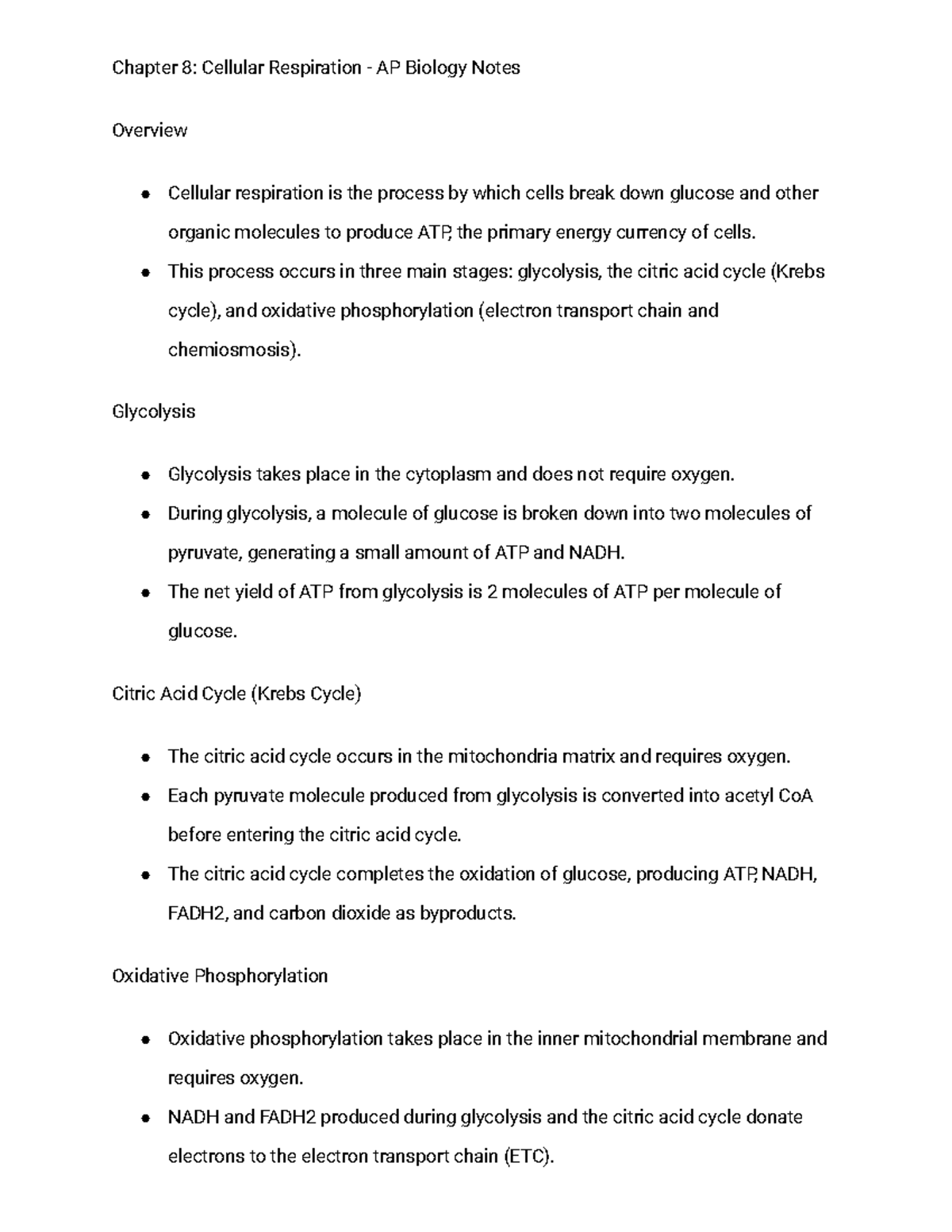 Chapter 8 AP BIO Notes - Google Docs - Chapter 8: Cellular Respiration ...