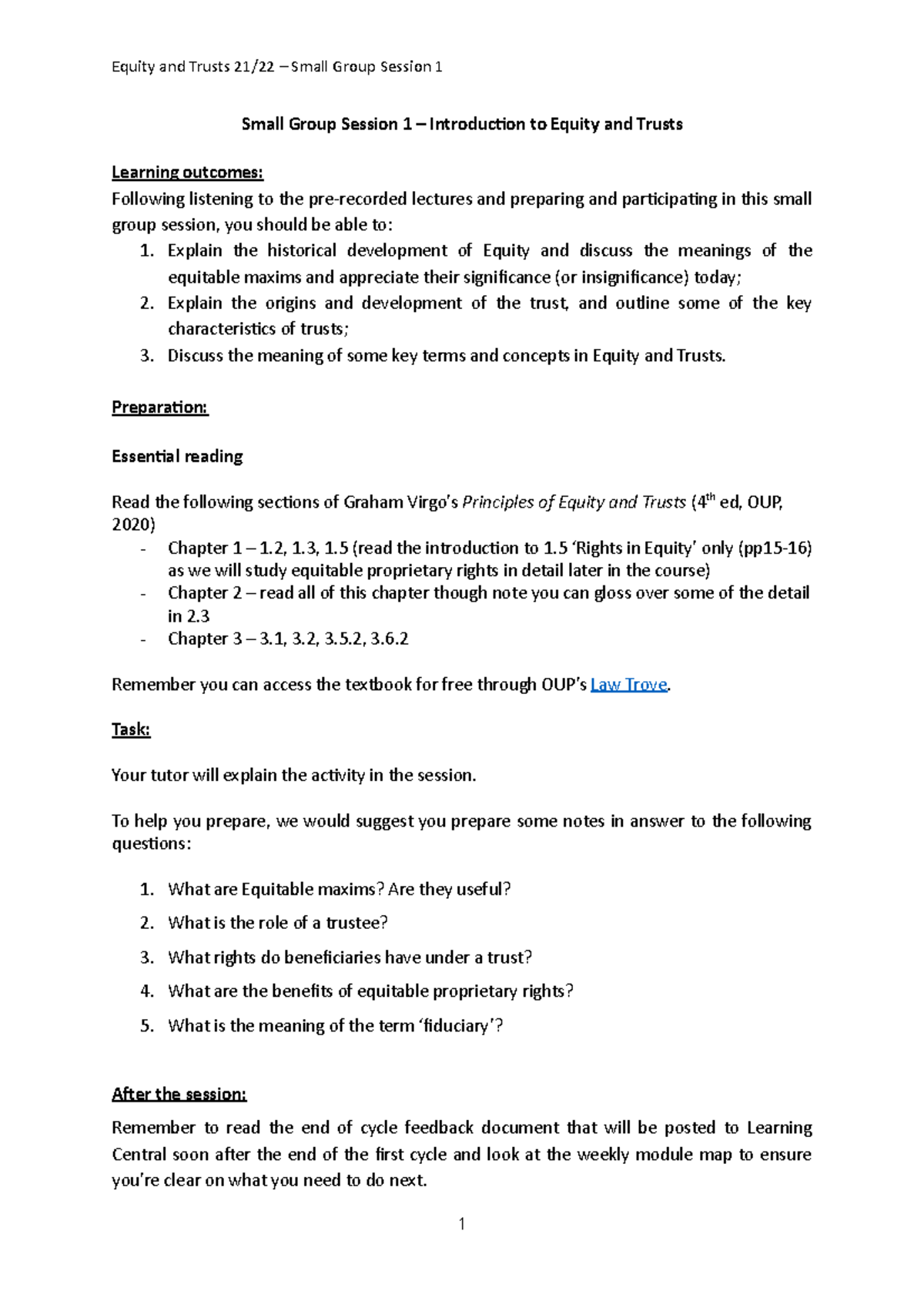 Small group session 1 - worksheet - Equity and Trusts 21/22 – Small ...