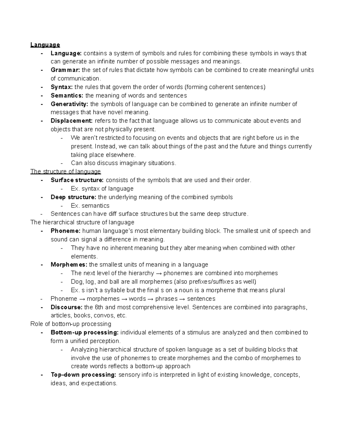 Chapter 9 Language and Thinking - Language - Language: contains a system of symbols and rules ...