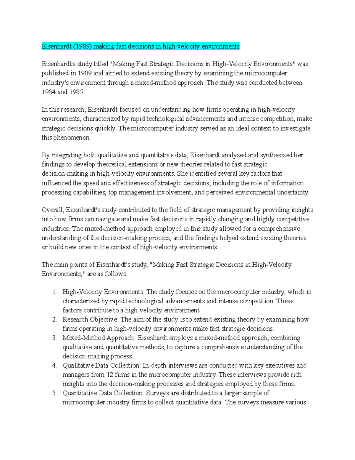 SDM papers - Eisenhardt (1989) making fast decisions in high-velocity ...