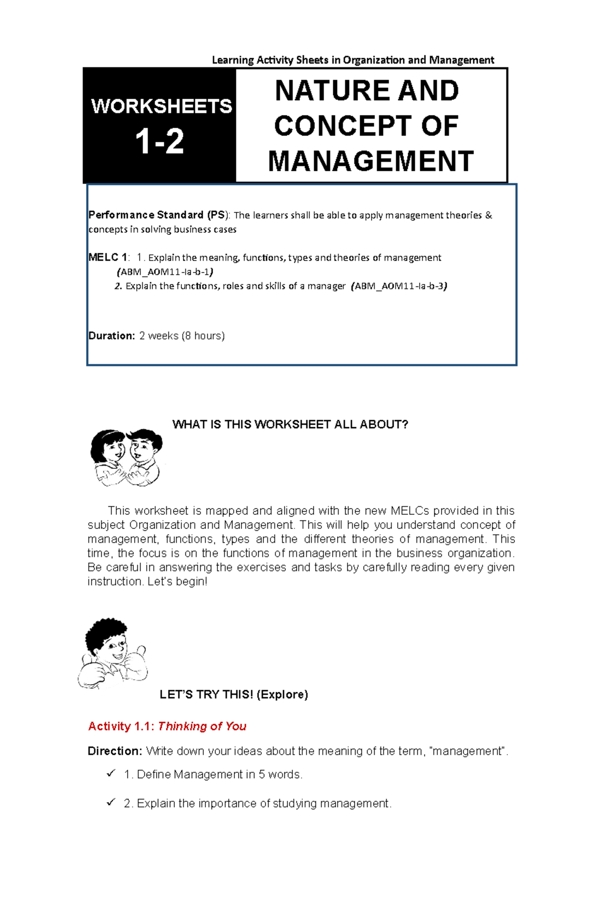 Organization and Management Worksheets 1-2 - Nature and Concept of ...