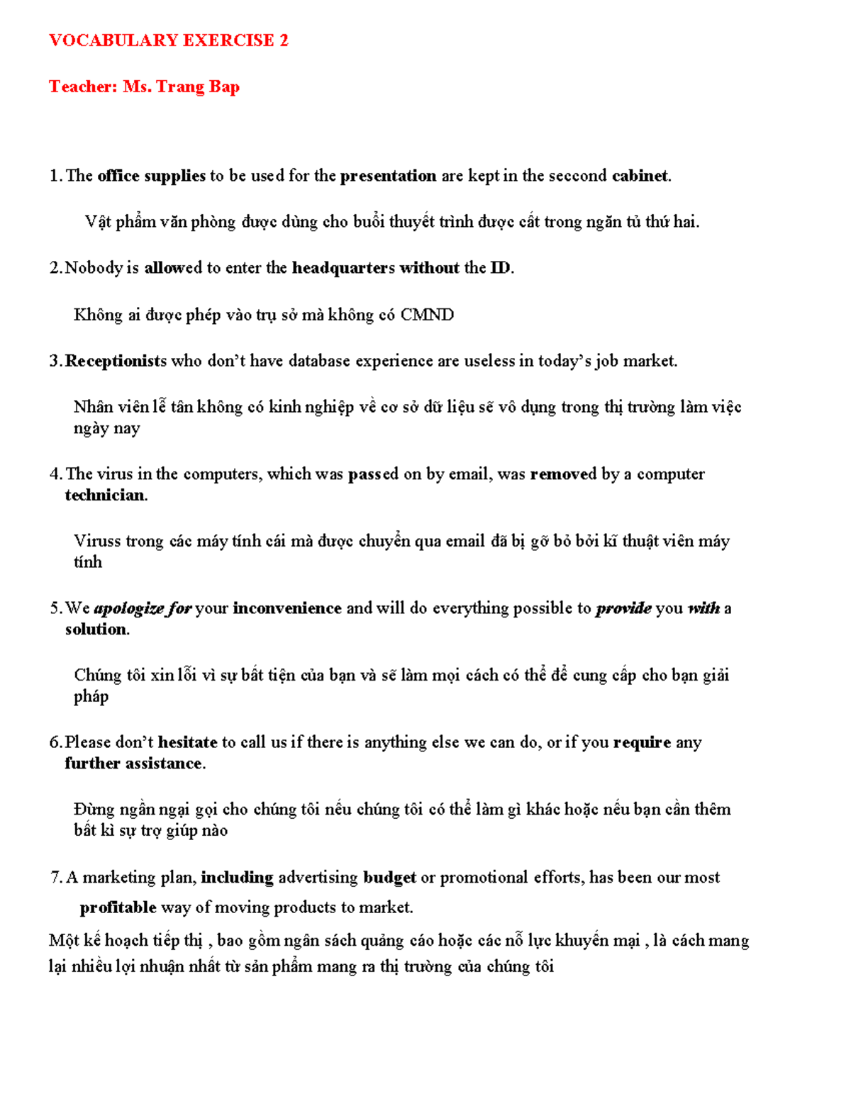 1000 TV Toeic 2 - VOCABULARY EXERCISE 2 Teacher: Ms. Trang Bap 1 office supplies to be used for ...