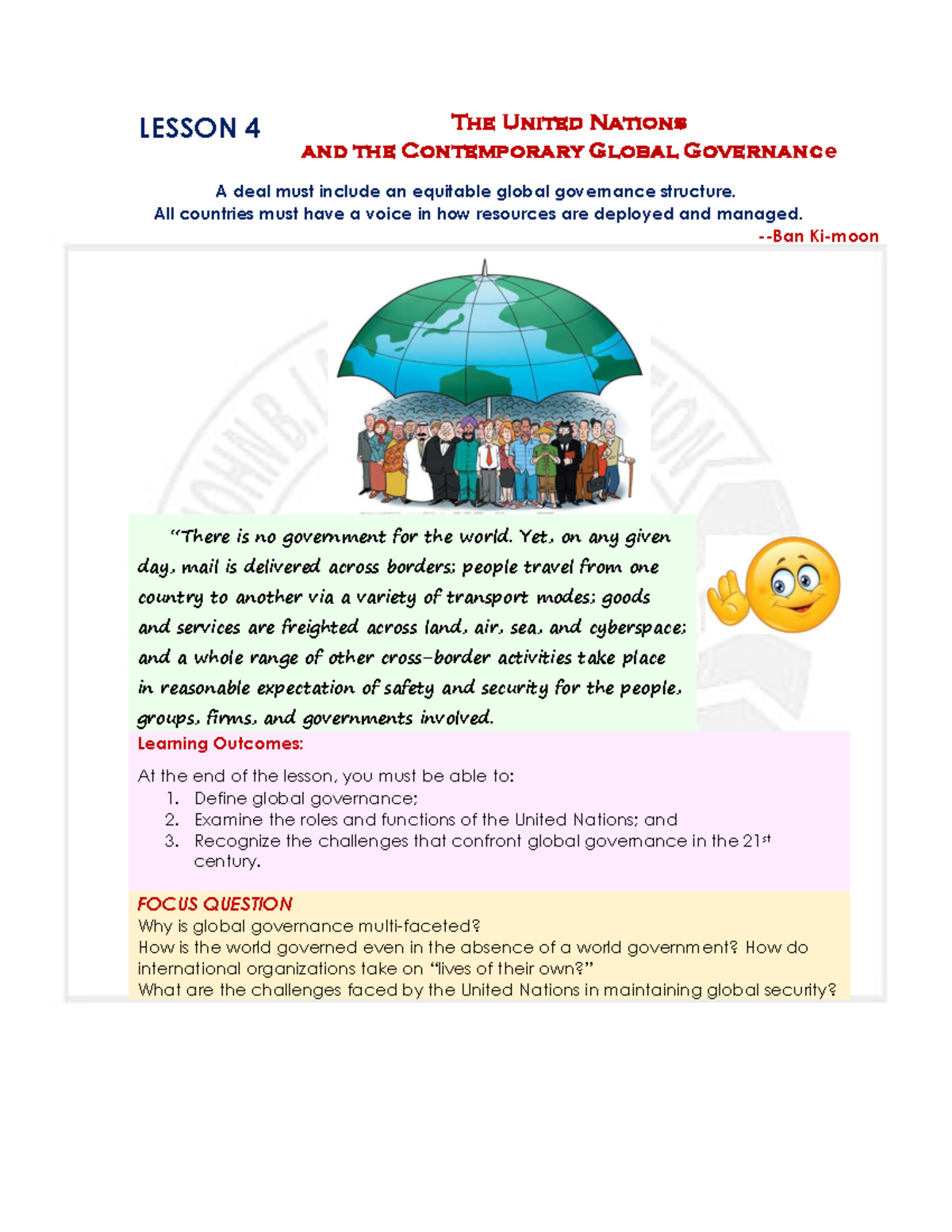 UNIT 1 Lesson 4 - UNIT 1 - LESSON 4 The United Nations and the ...