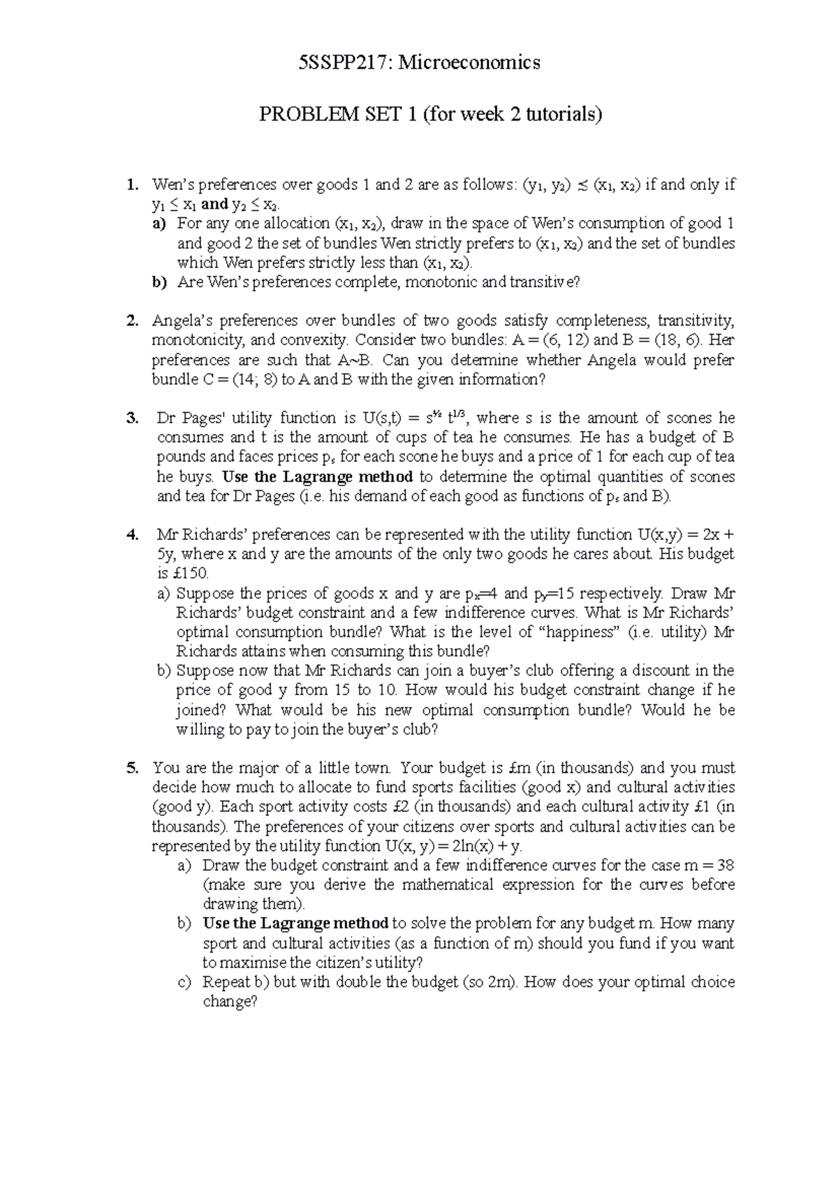 Problem set 1 23-24 - questions - 5SSPP217: Microeconomics PROBLEM SET 1 (for week 2 tutorials ...