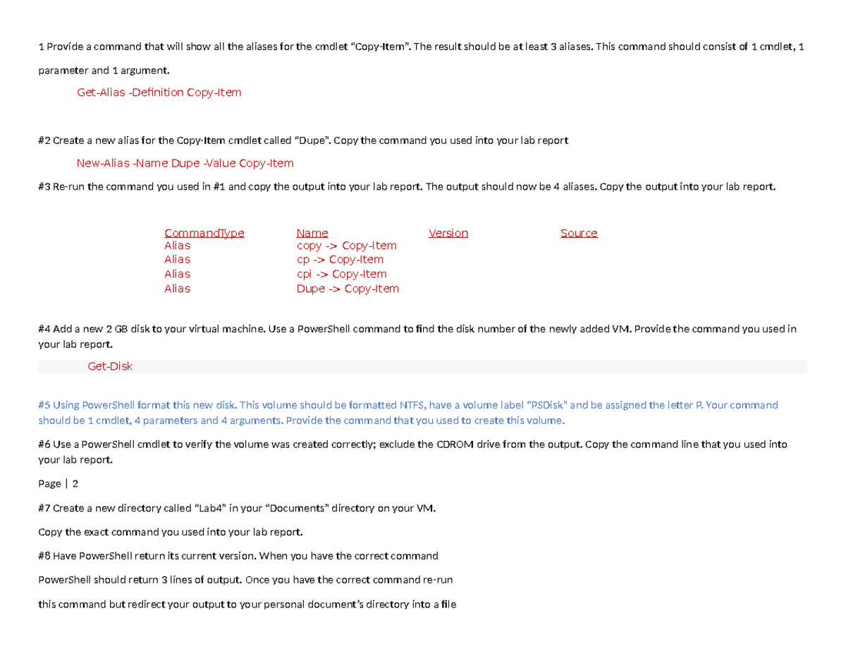Powershell - 1 Provide a command that will show all the aliases for the ...