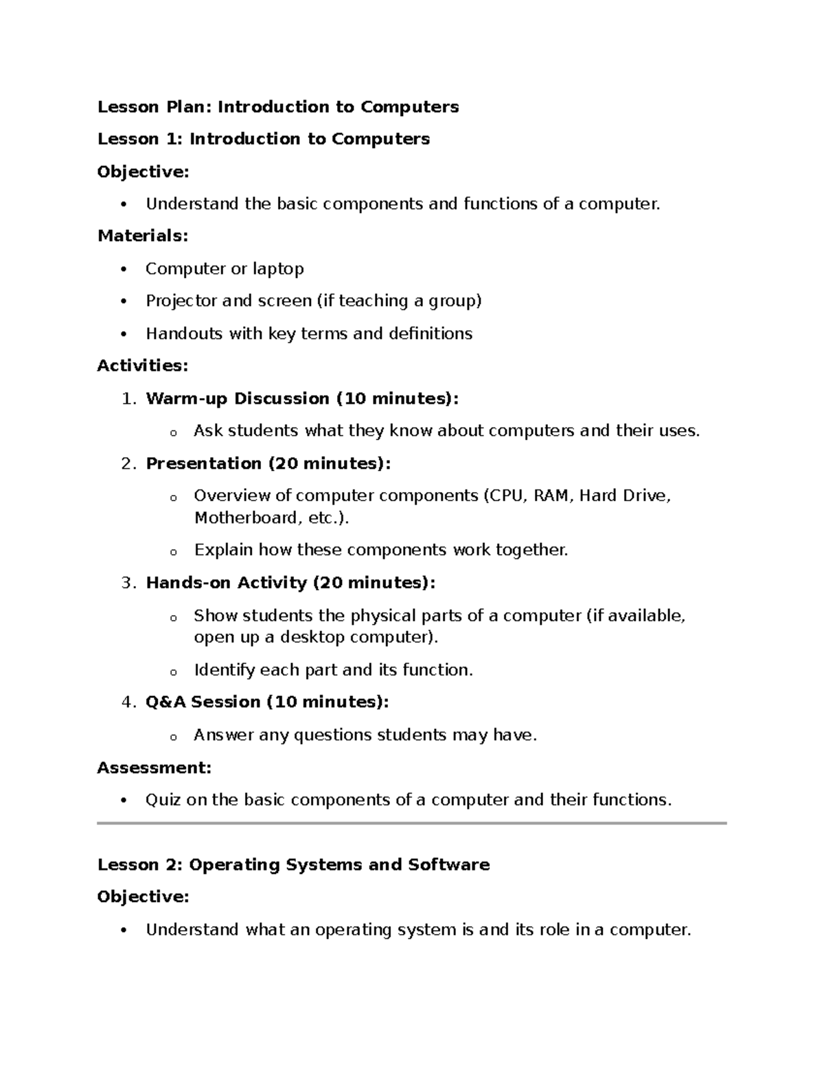 Computer starter plan - helpful info - Lesson Plan: Introduction to Computers Lesson 1 ...