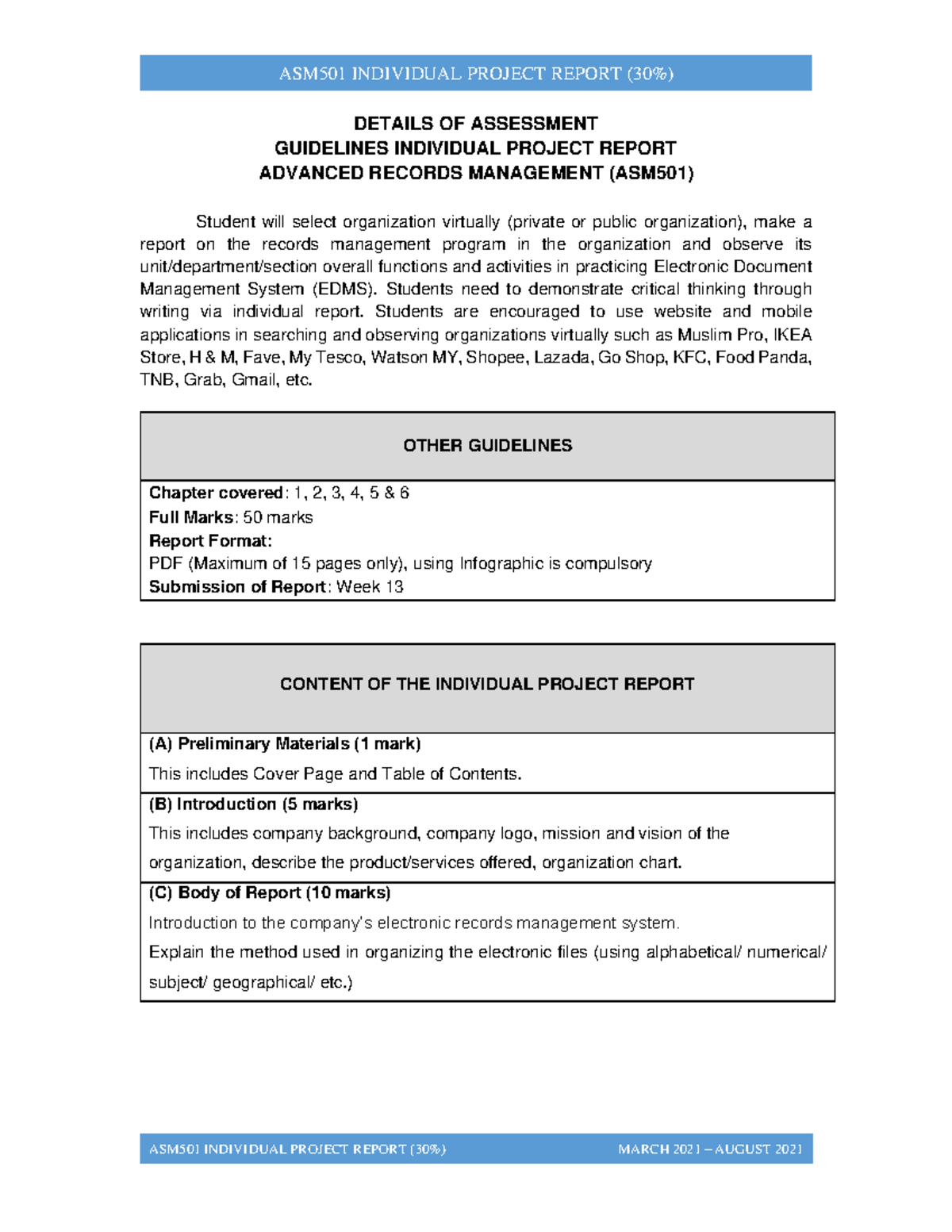 ASM501 Individual Project Report Guideline - ASM501 INDIVIDUAL PROJECT ...