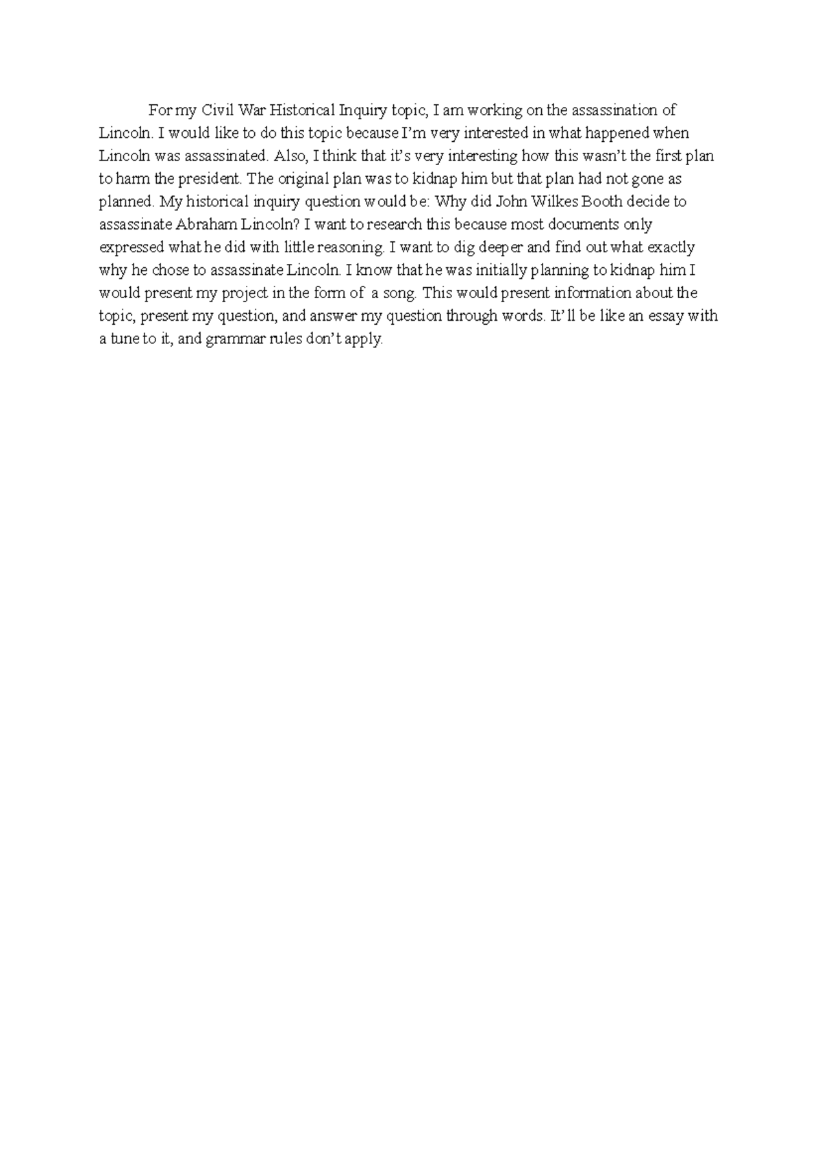 Historical Inquiry Topic Proposal - For my Civil War Historical Inquiry ...
