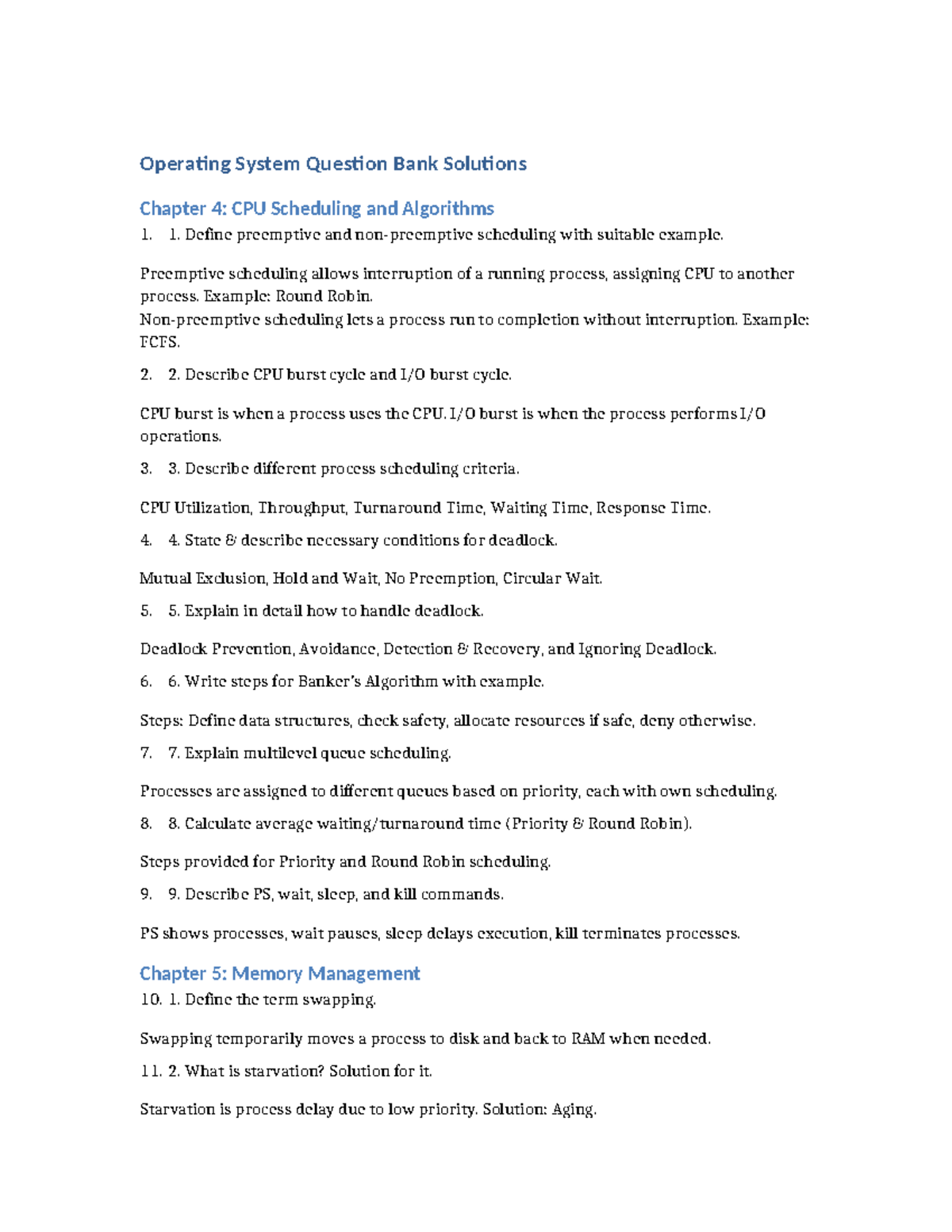 Operating System Question Bank Solutions - 1. Define preemptive and non-preemptive scheduling ...