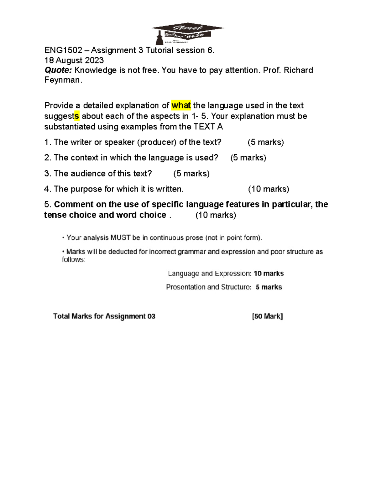 ENG1502 Ass 3 TUT - That's one of the Street Graduate tutorial material ...