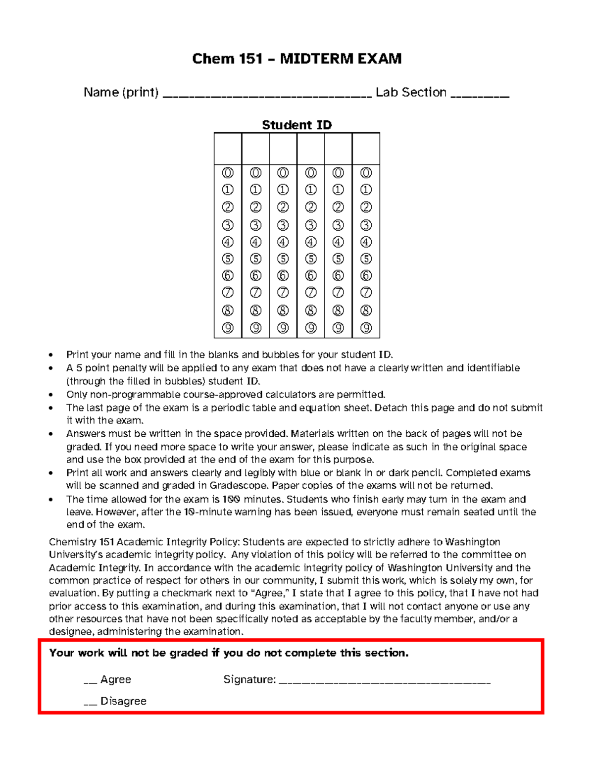 Midterm Practice Exam blank - Chem 151 – MIDTERM EXAM Name (print ...