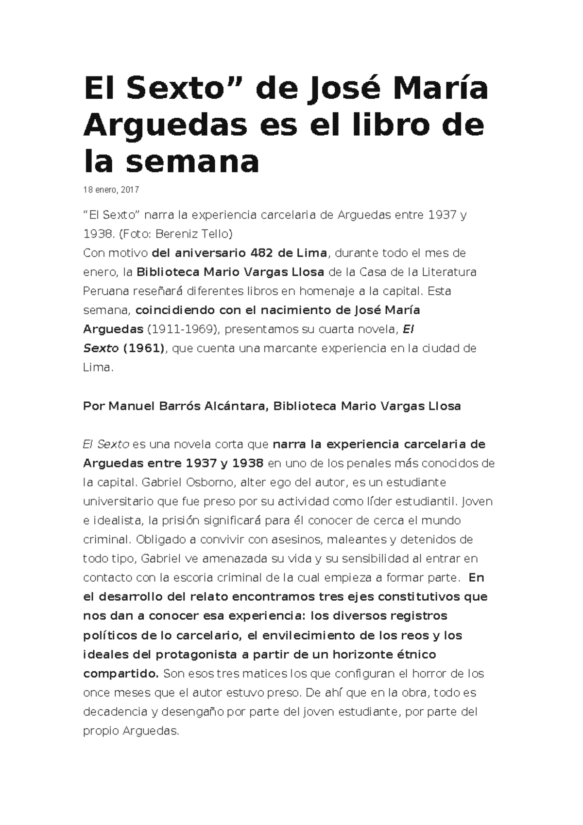 EL Sexto-1 - El Sexto” de José María Arguedas es el libro de la semana 18 enero, 2017 “El Sexto ...