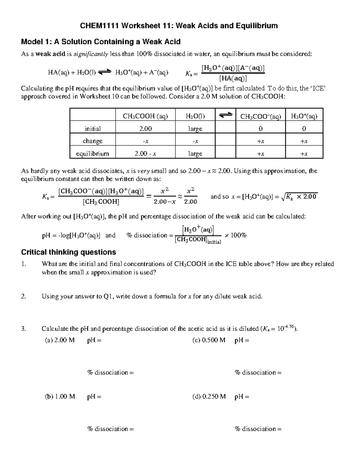 Chem1111Tutorial 11-1 - CHEM1111 Worksheet 11: Weak Acids and ...