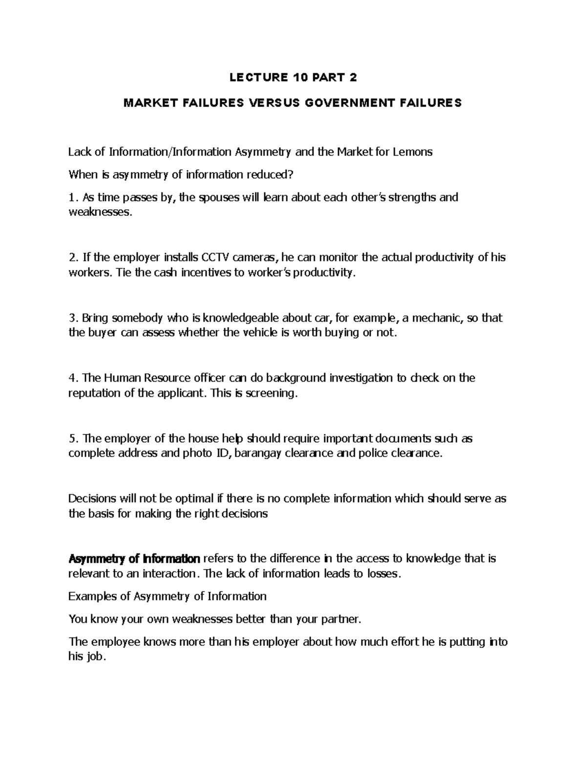 Lecture 10 PART 2 Market Failures Versus Government Failures - LECTURE ...