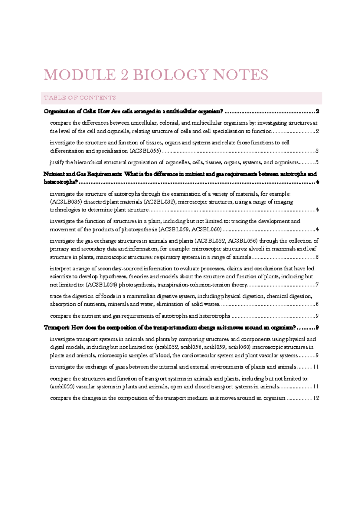Biology module 2 notes - MODULE 2 BIOLOGY NOTES TABLE OF CONTENTS ...