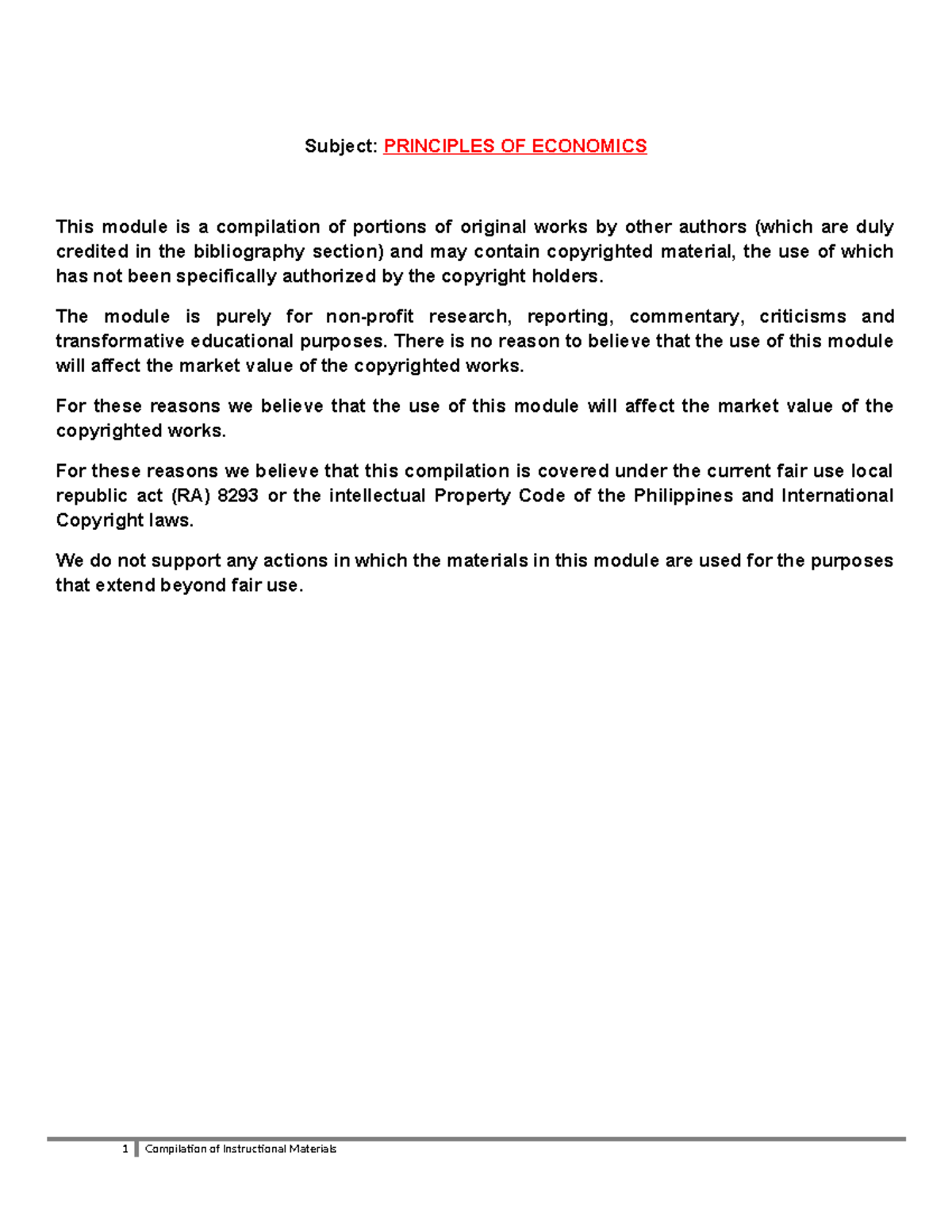 Module 6 - Various Market Structure - Subject: PRINCIPLES OF ECONOMICS ...