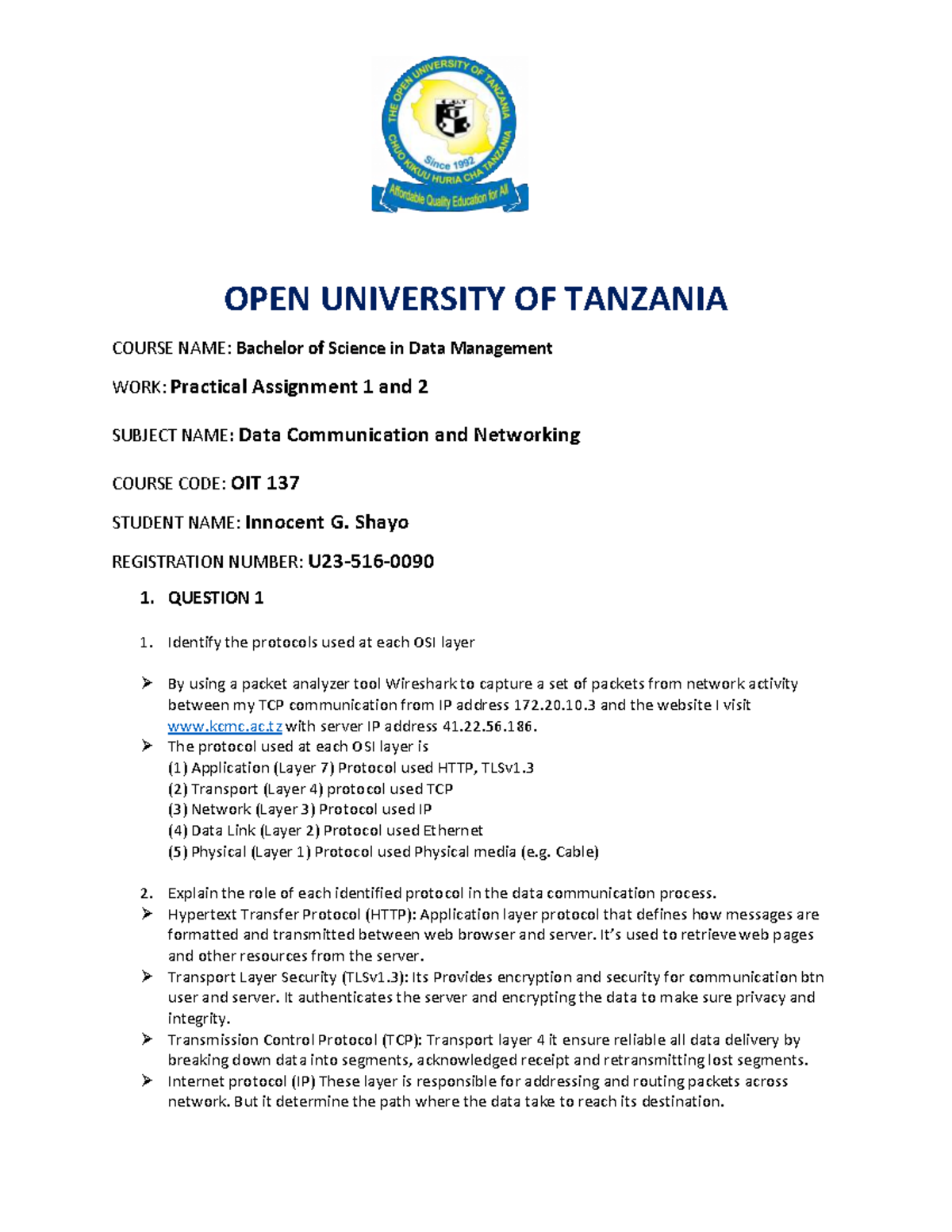 Practical Assignment 1 and 2 - OPEN UNIVERSITY OF TANZANIA COURSE NAME ...