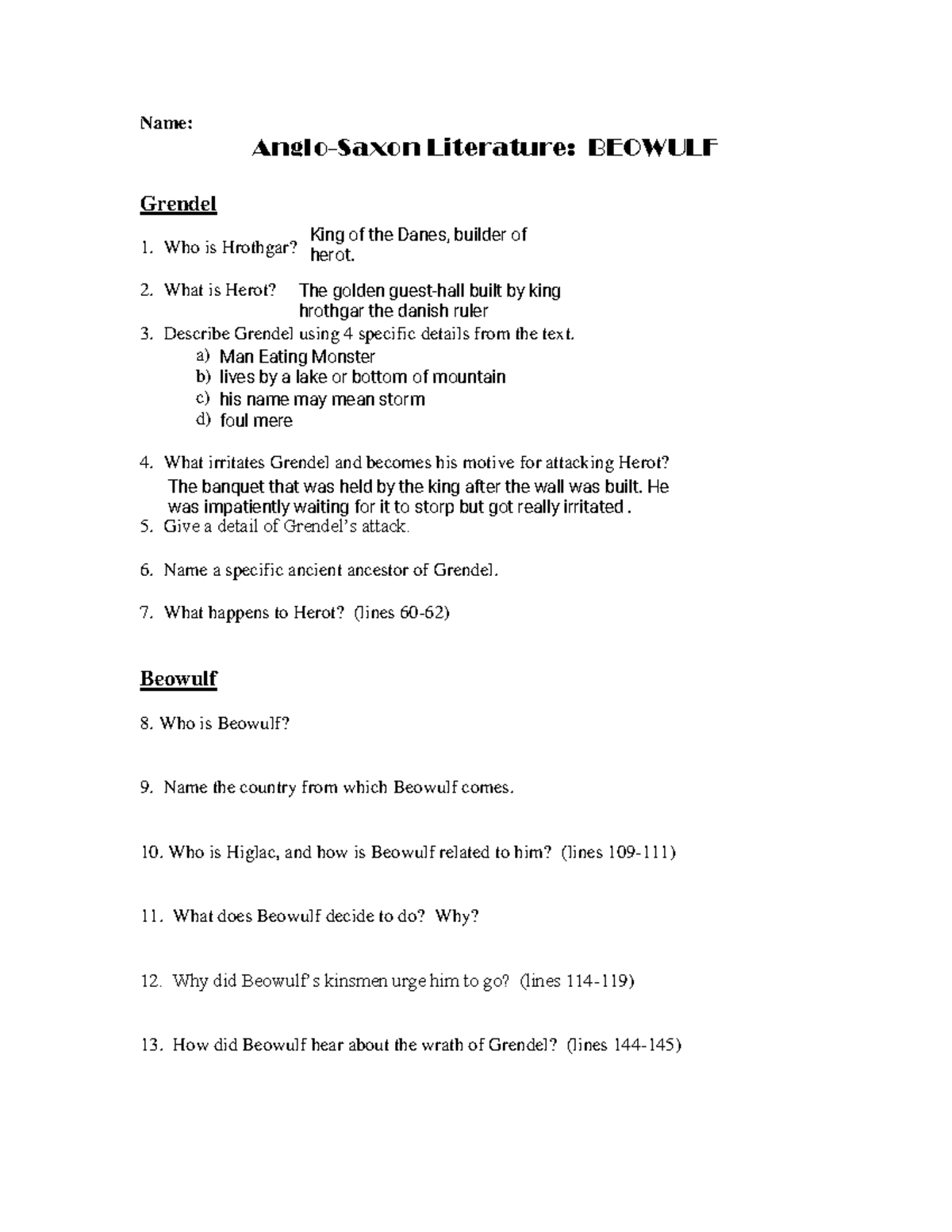 Beowulf+ Study+ Guide+1-50 - Name: Anglo-Saxon Literature: BEOWULF ...