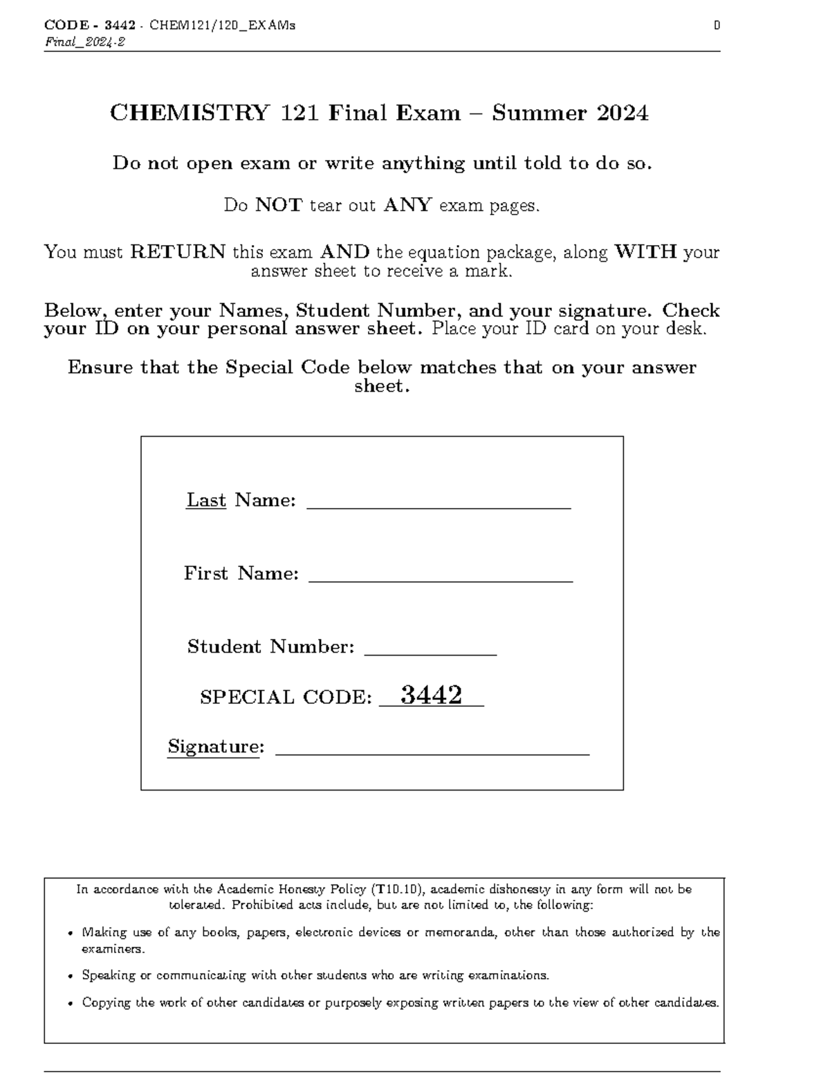 CHEM 121 Practice Final 1-1 - CODE - 3442 - CHEM121/120_EXAMs 0 Final ...