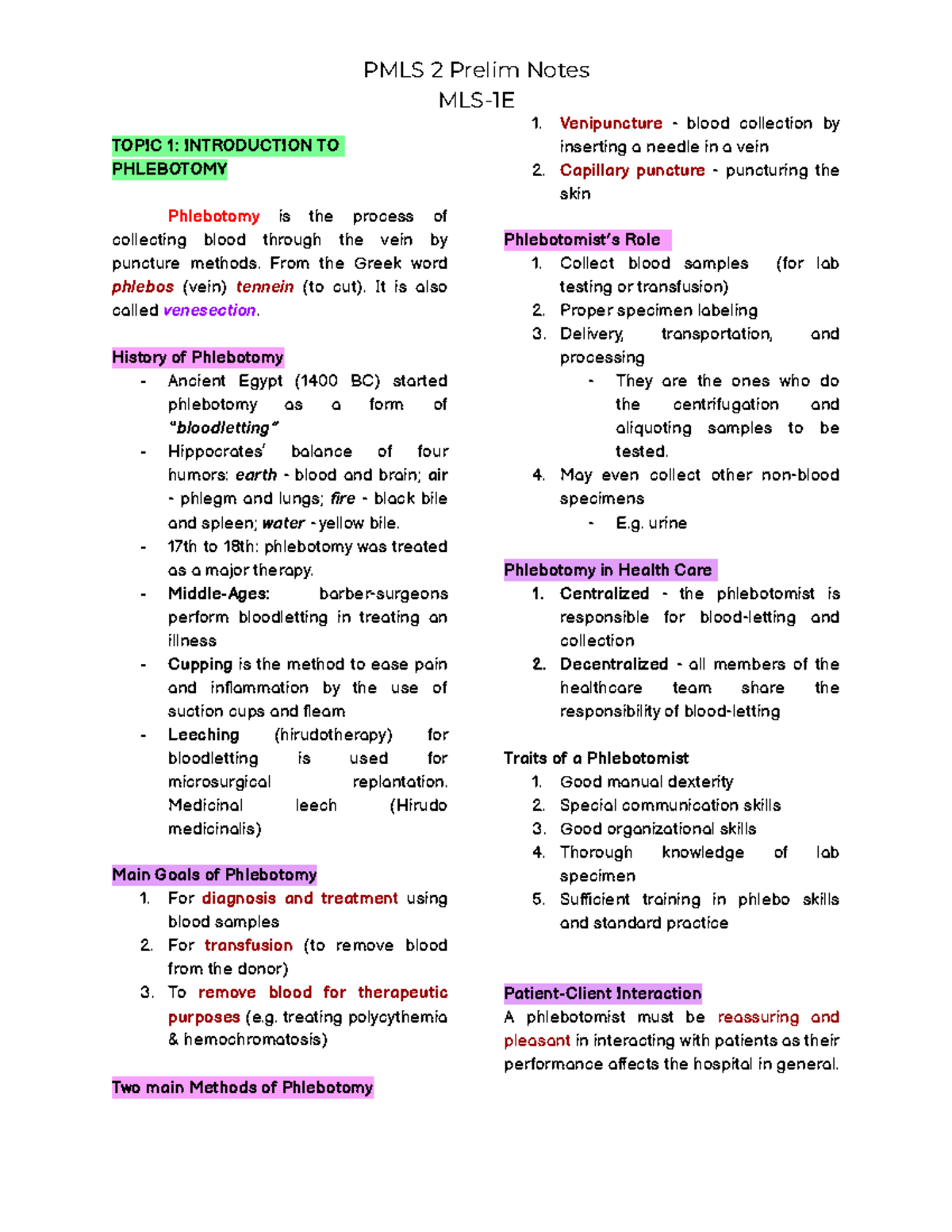 PMLS 2 Prelims 1 - MLS-1E TOPIC 1: INTRODUCTION TO PHLEBOTOMY ...