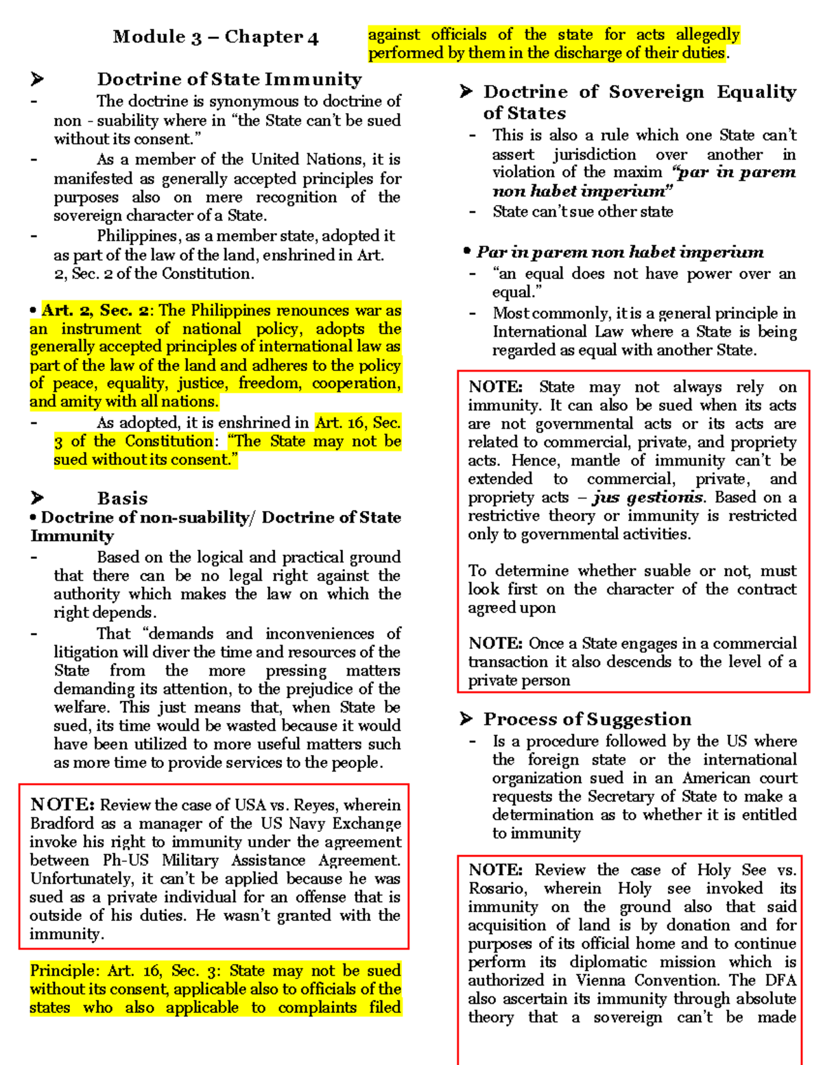 Module 3 - Chapter 4 Reviewer - Module 3 – Chapter 4 Doctrine of State Immunity - The doctrine ...