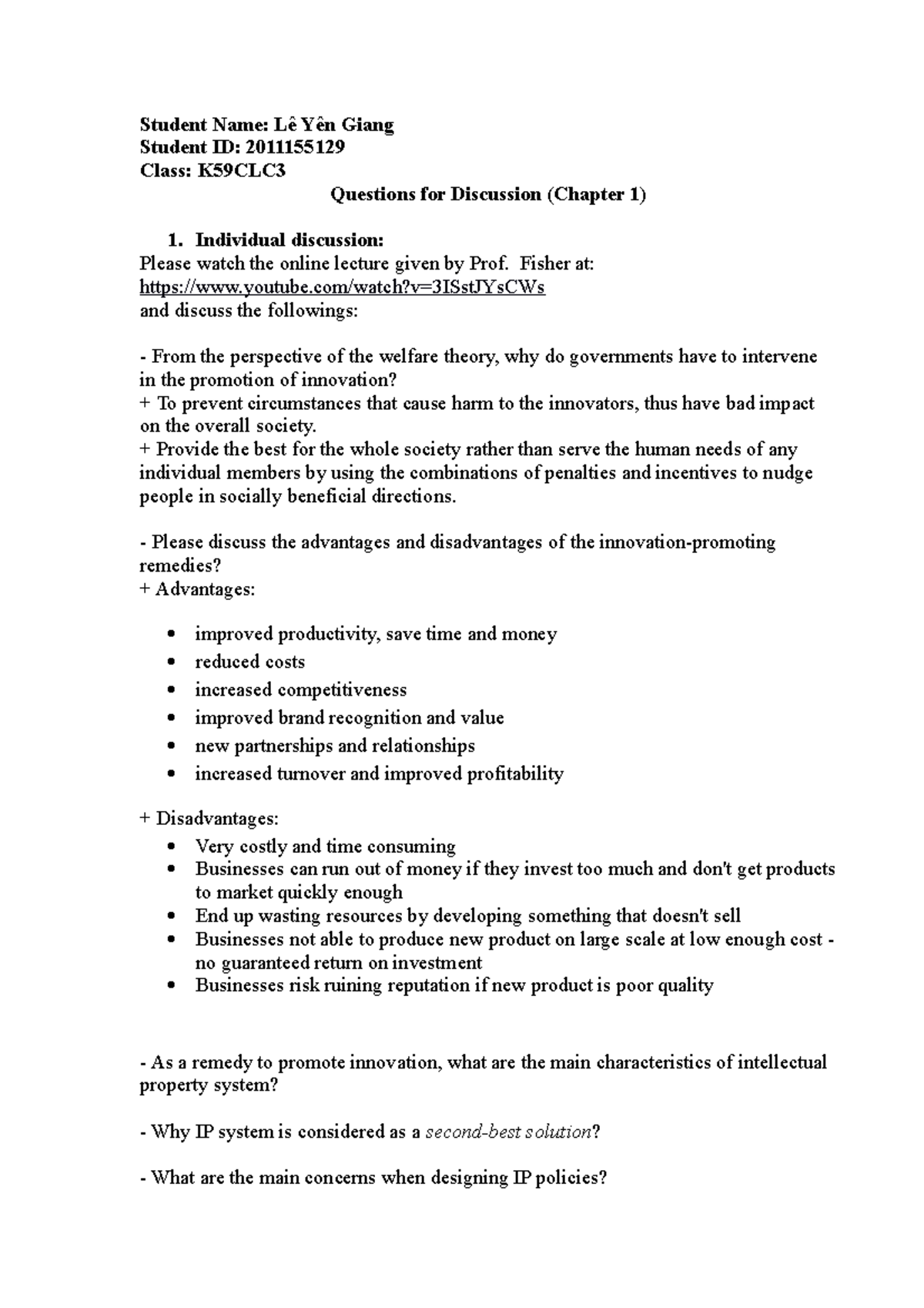 Questions for discussion Ch1 - Student Name: Lê Yên Giang Student ID ...