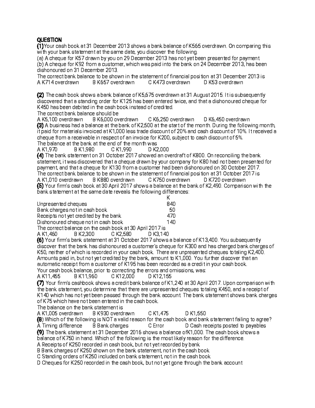 BSP 220 Revision Questions 2020 - QUESTION ( 1 )Your cash book at 31 ...