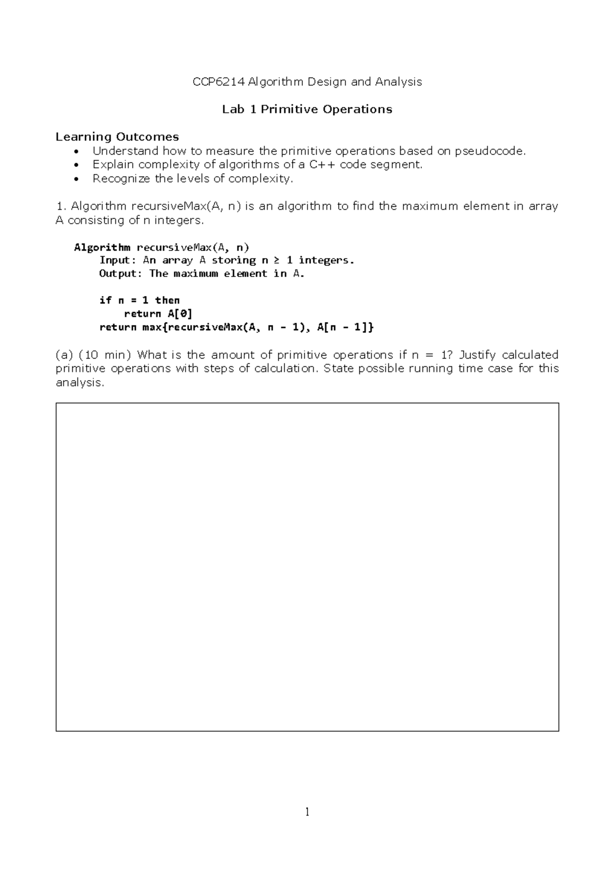 Lab01 Primitive Operations Ccp6214 Algorithm Design And Analysis Lab 1 Primitive Operations 2566