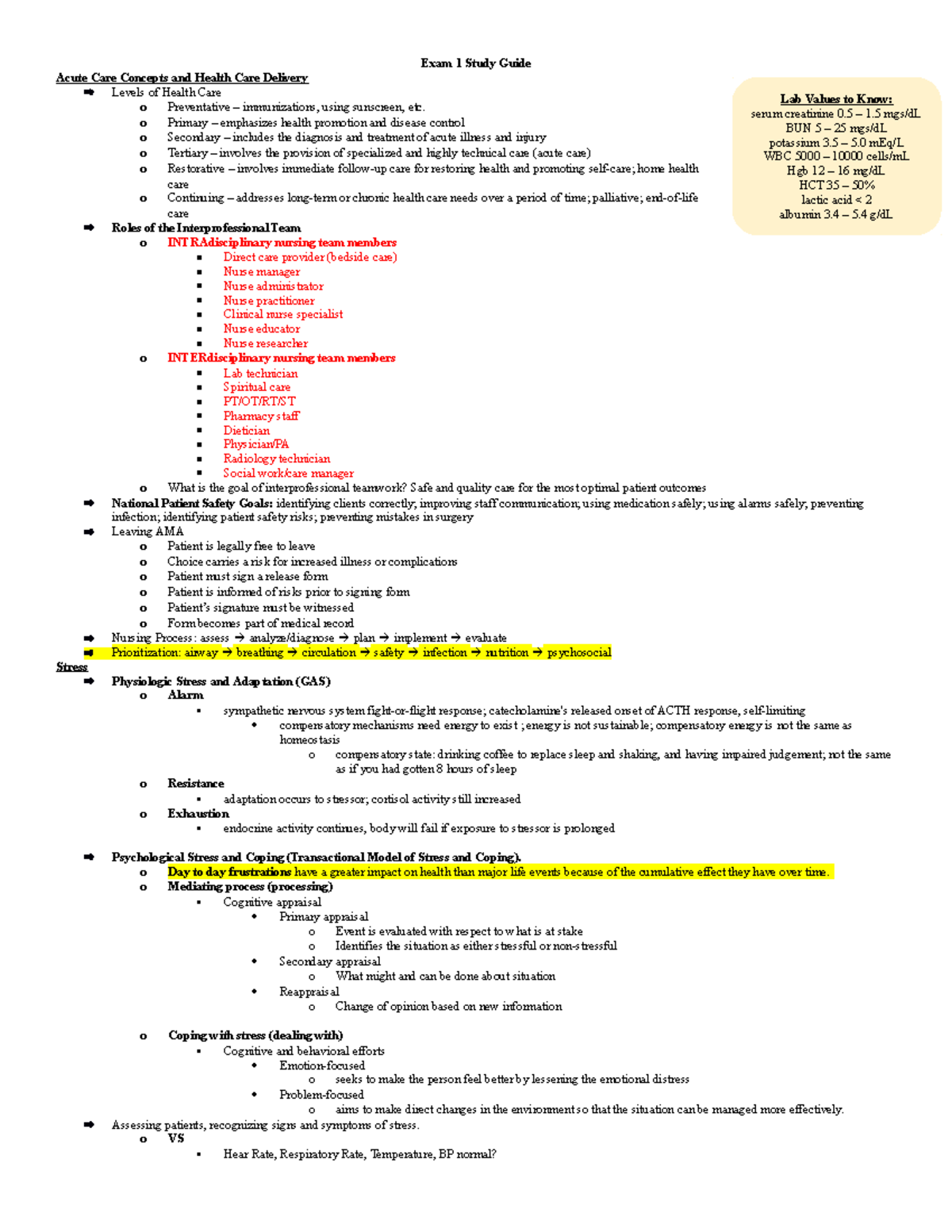 Adult II Exam 1 Study Guide - Exam 1 Study Guide Acute Care Concepts ...