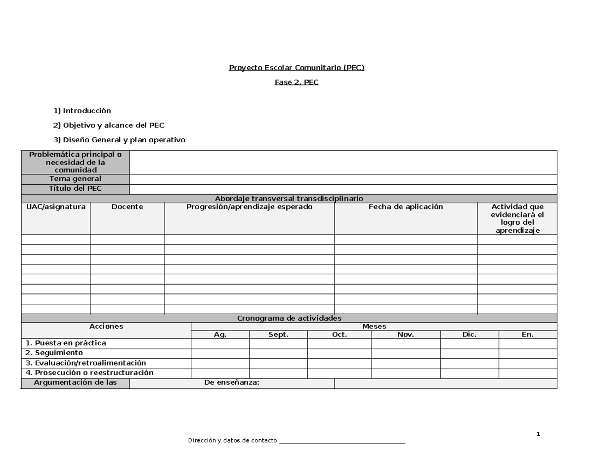 Fase 2. PEC - Formato para desarrollar el PEC 2024 - Proyecto Escolar ...