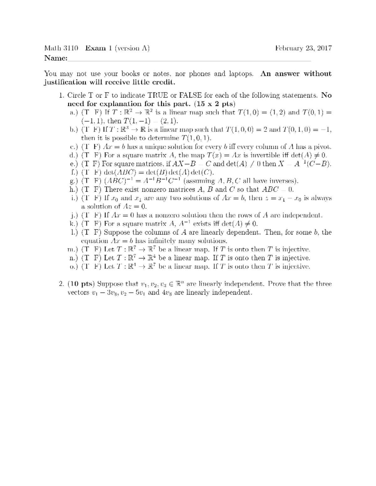 Exam 1 Linear Alegebra - Exam 1 - Gao - Math 3110 Exam 1 (version A ...