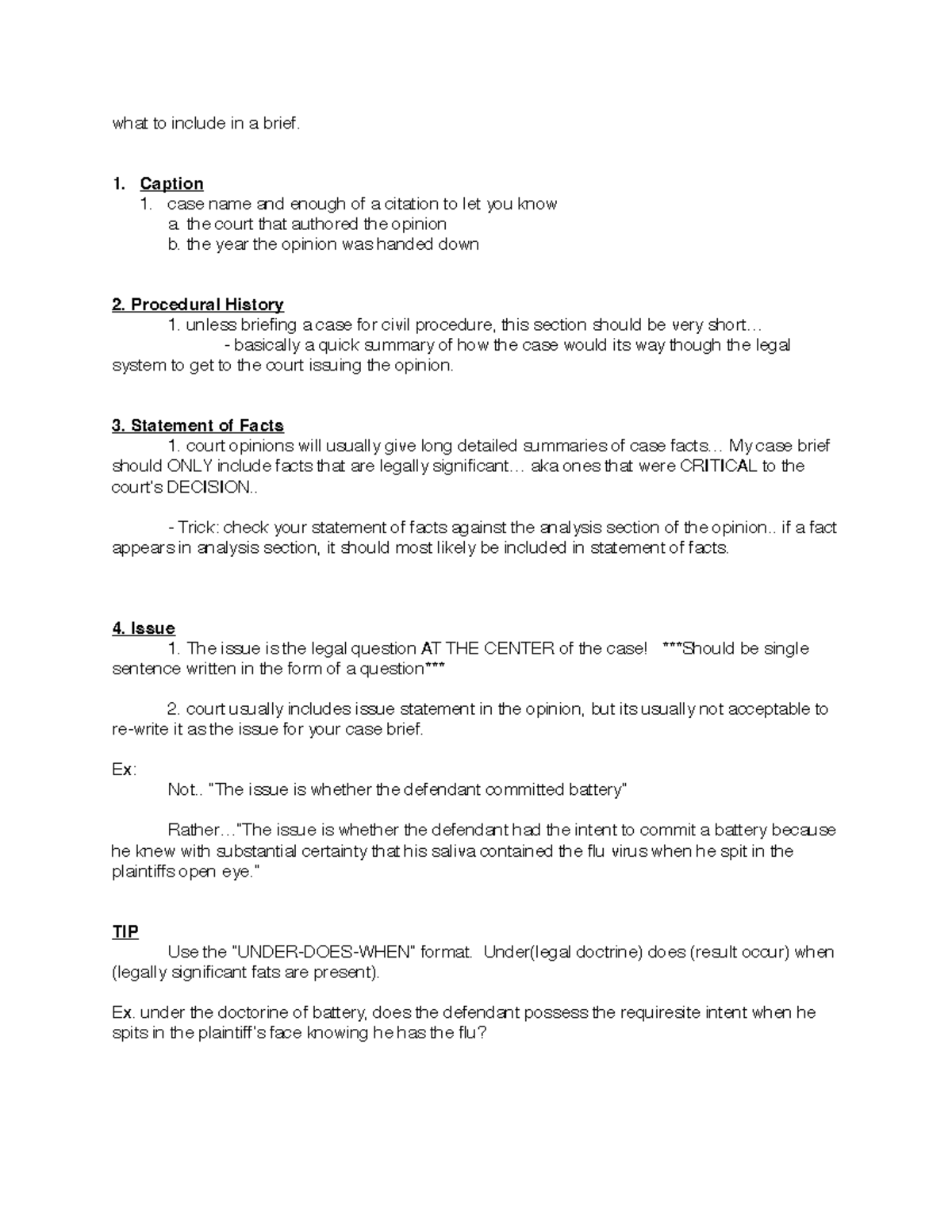 Brief Skeleton Torts - what to include in a brief. Caption case name ...
