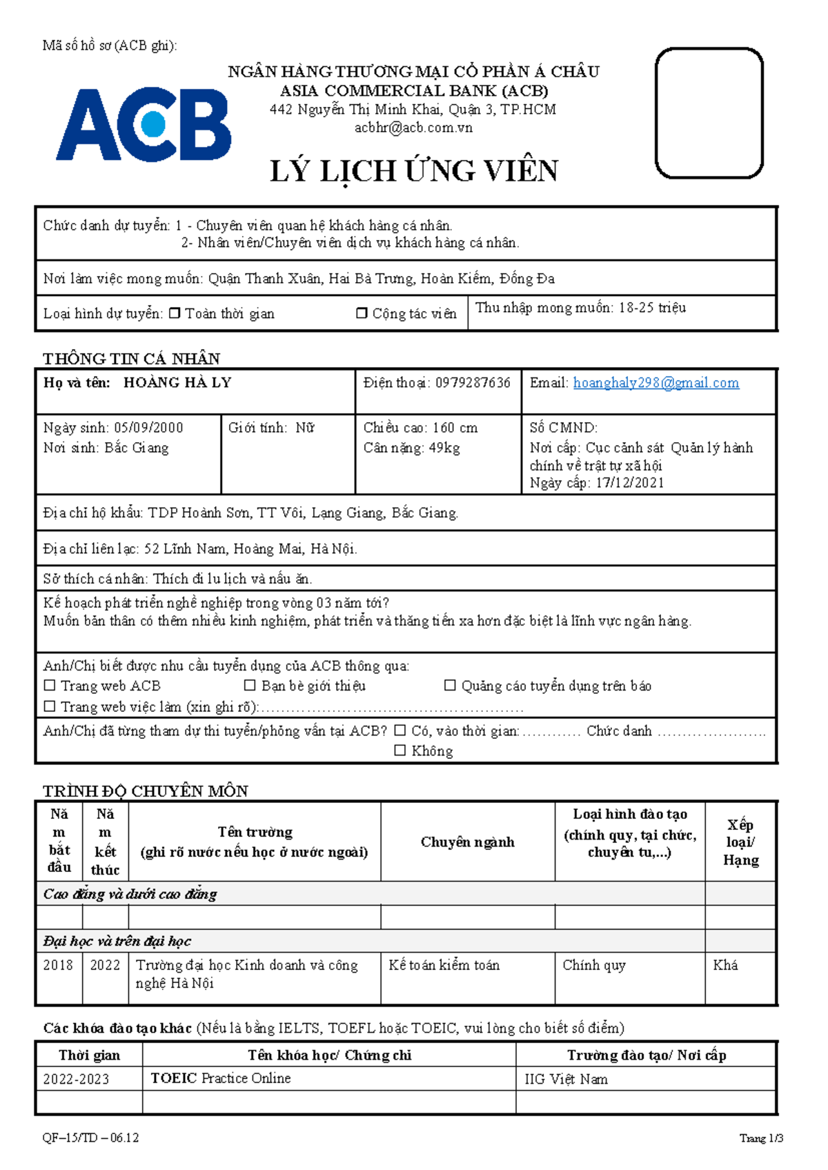CV ỨNG TUYỂN ACB - Mã số hồ sơ (ACB ghi): NGÂN HÀNG THƯƠNG MẠI CỔ PHẦN ...