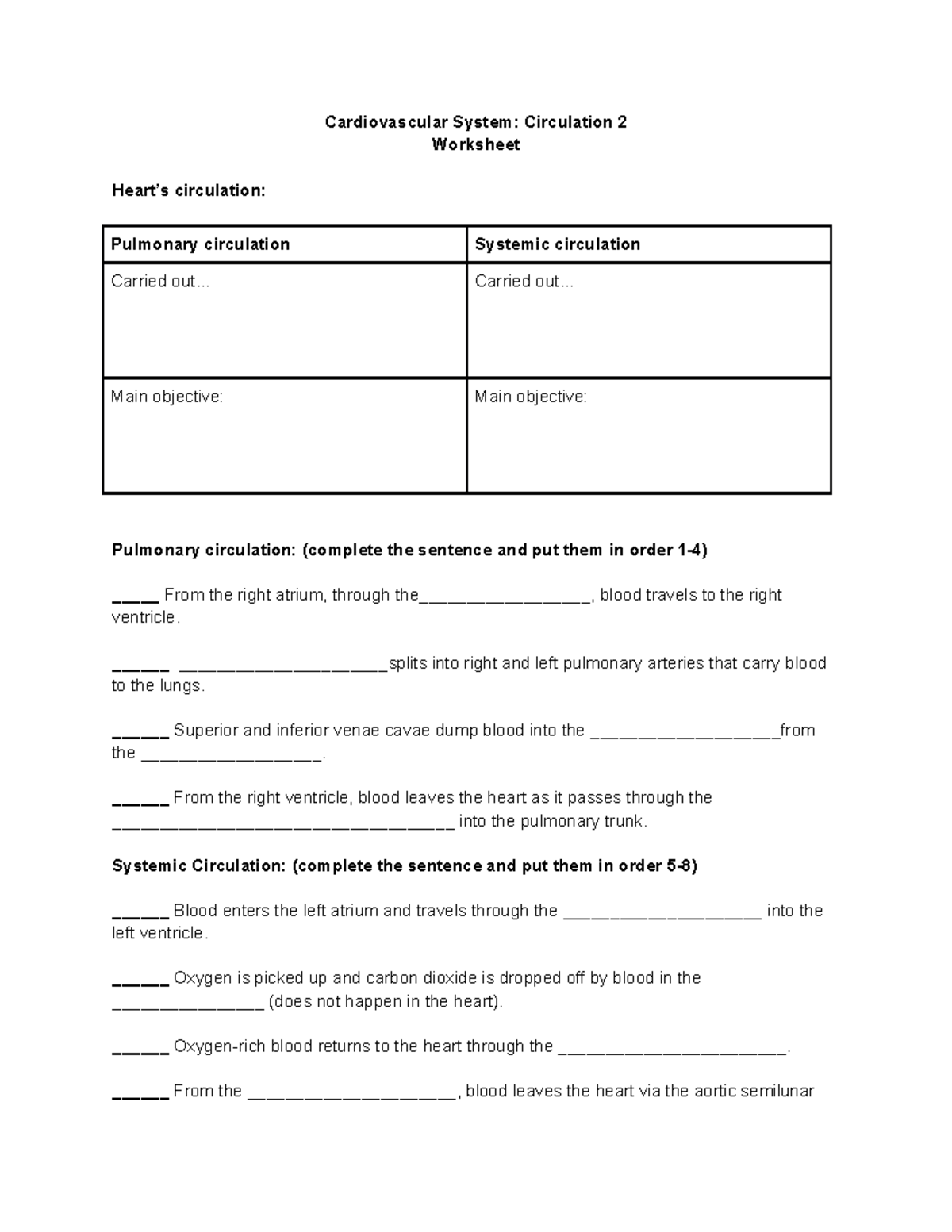 Cardiovascular System Circulation 2 Worksheet PART - Cardiovascular ...