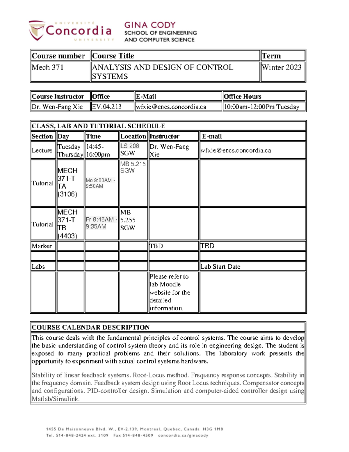 Course Outline Mech 371 2023W - Course number Course Title Term Mech ...