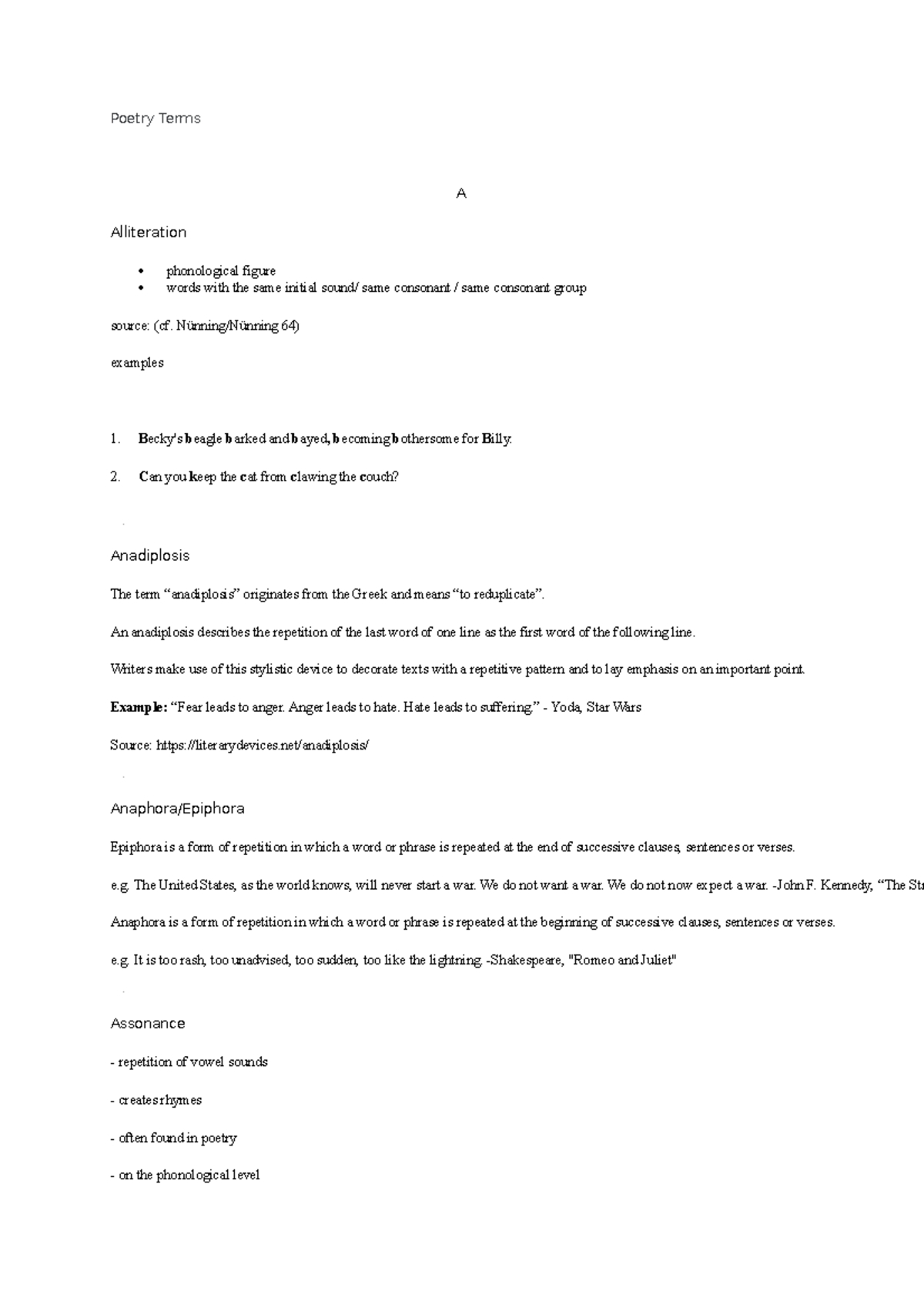 Poetry Terms - Worksheet for linguistics - Poetry Terms A Alliteration ...