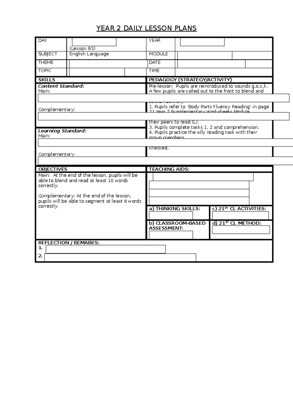 Y2 E L93 - L97 (U8) - LESSON PLAN YEAR 2 CEFR - YEAR 2 DAILY LESSON ...