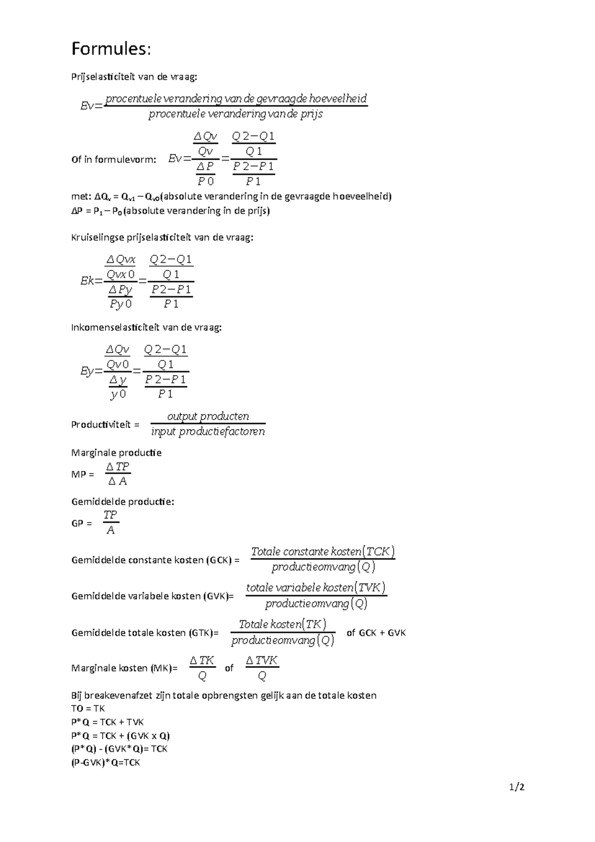 FormulesFormularium - Formules: Prijselasticiteit van de vraag: Ev ...