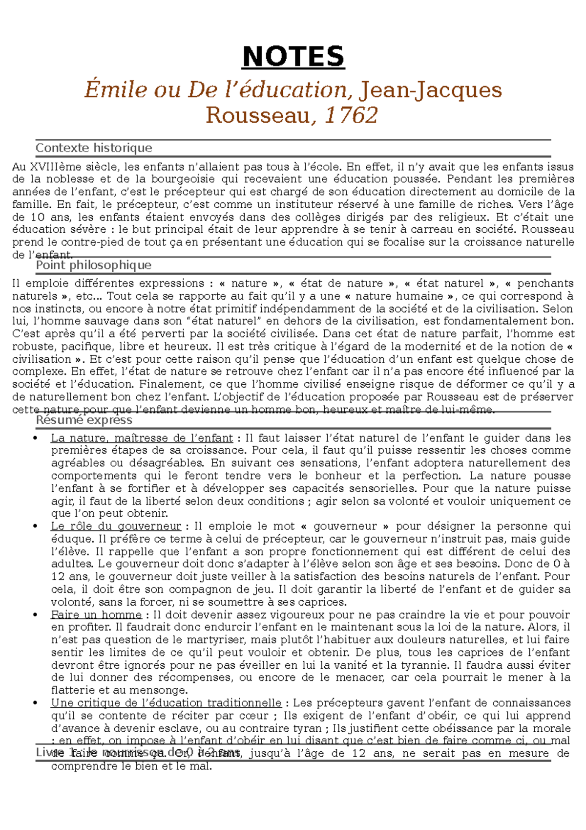 Résume Emile ou De l'éducation - NOTES Émile ou De l’éducation, Jean ...