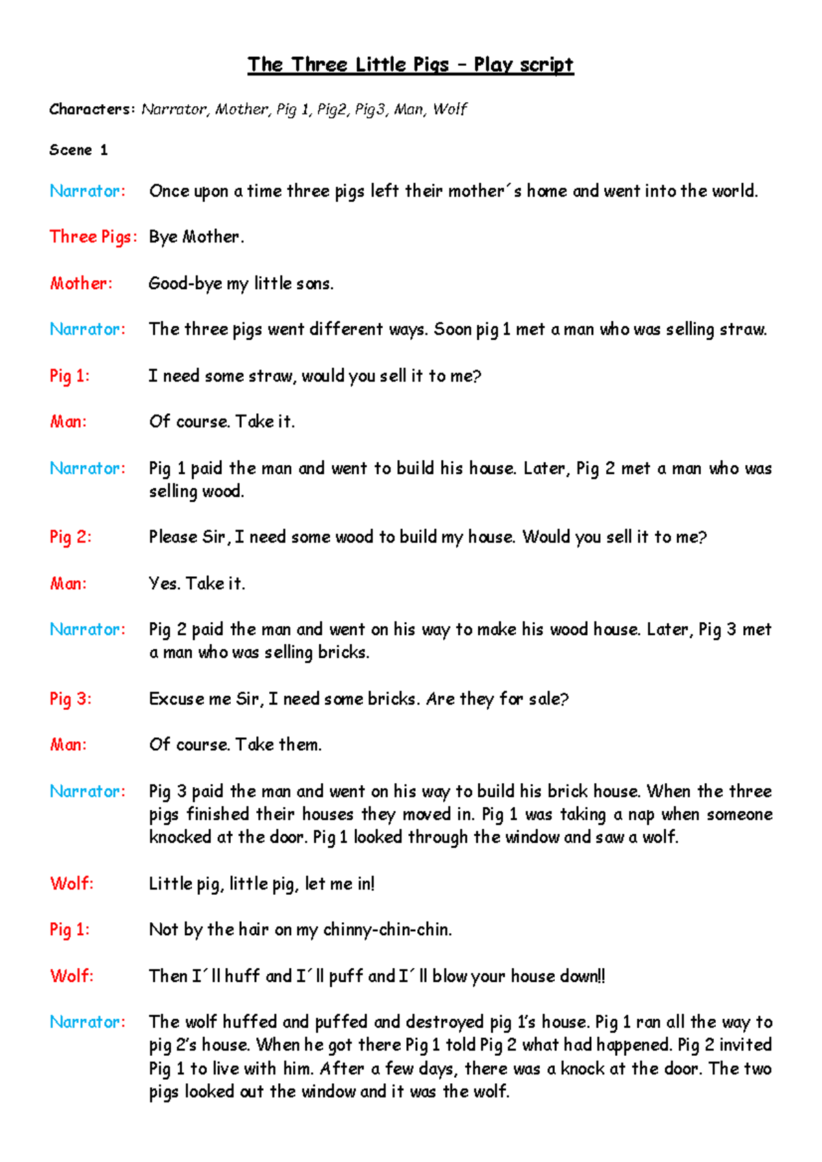Puppet Script- Sci Primary. 07 - The Three Little Pigs – Play script ...