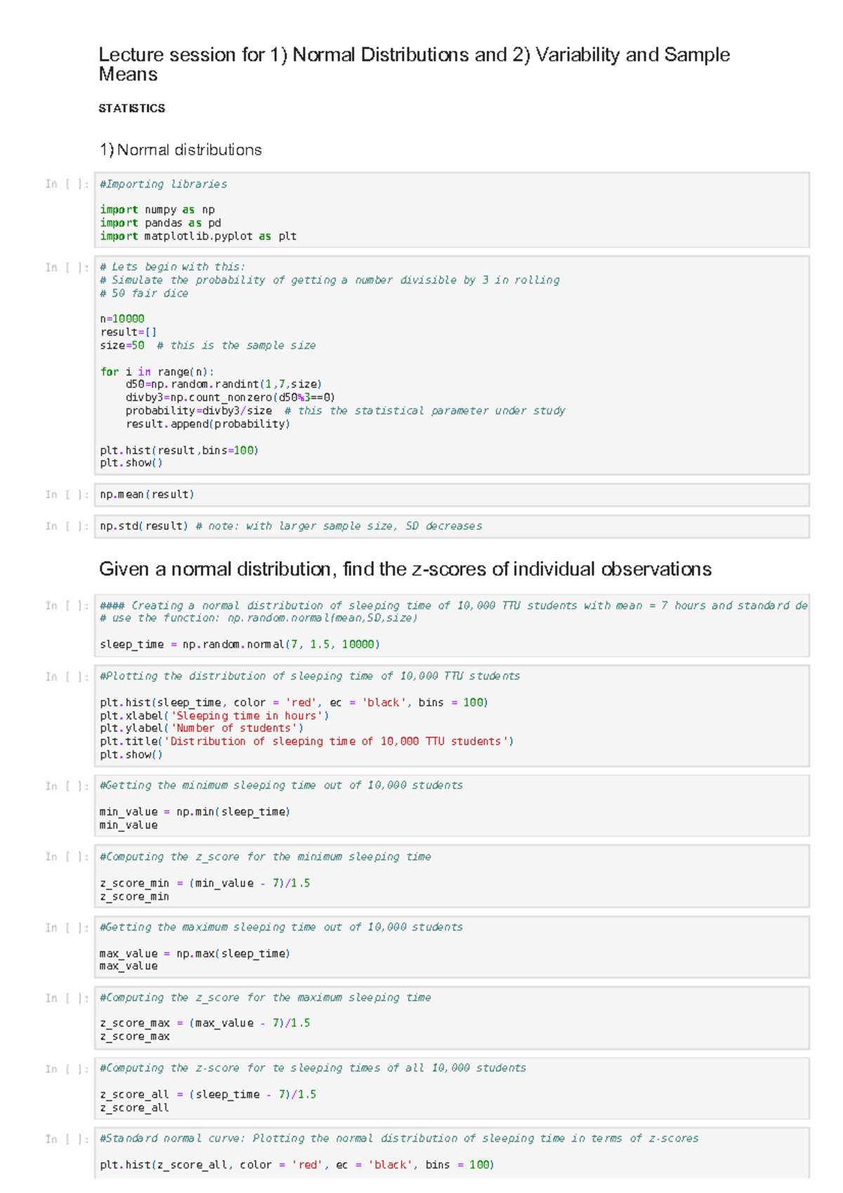 Normal Distributions-Variability-Sample Means - Lecture session for 1) Normal Distributions and ...