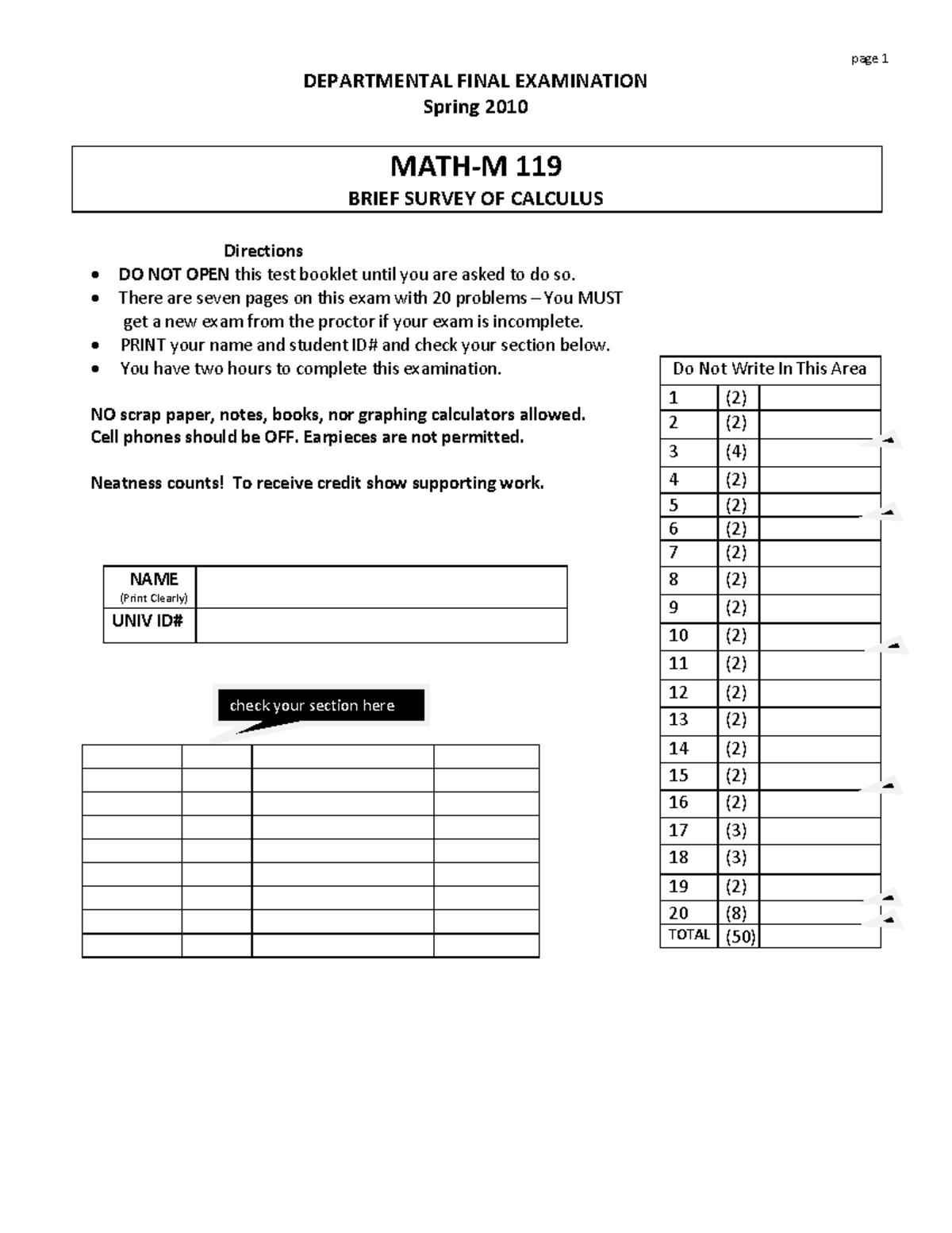 Practice Final 2 - DEPARTMENTAL FINAL EXAMINATION Spring 2010 MATH-M ...